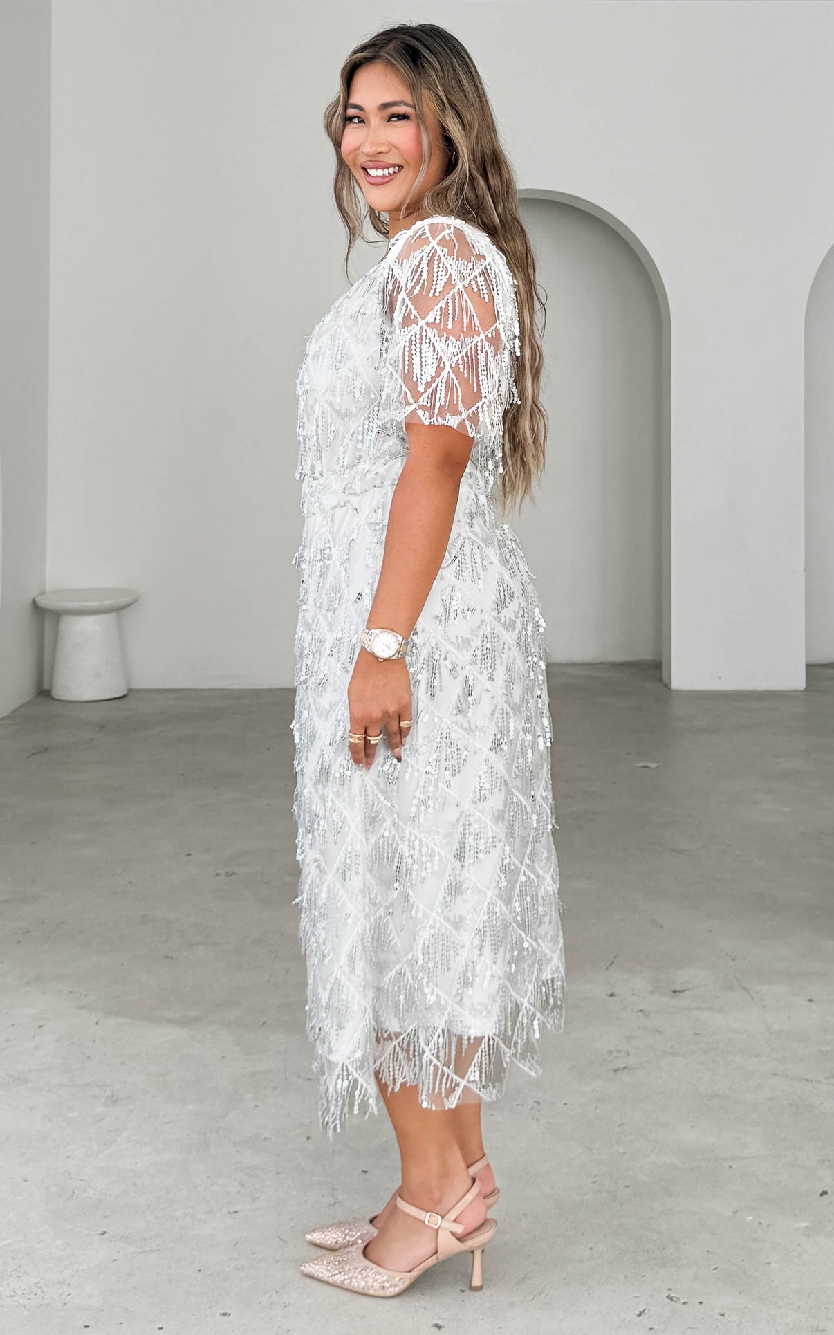 Arilyn Sequin Midi Dress - White Silver – By Amica