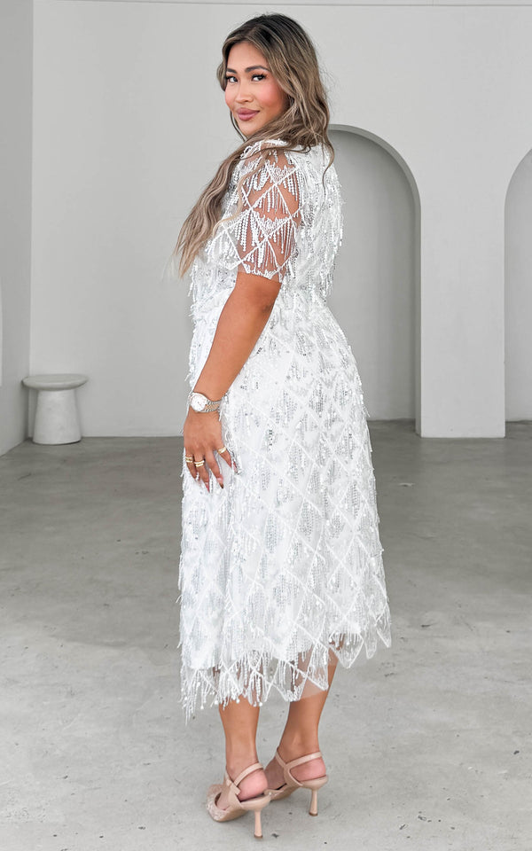 Arilyn Sequin Midi Dress - White Silver – By Amica