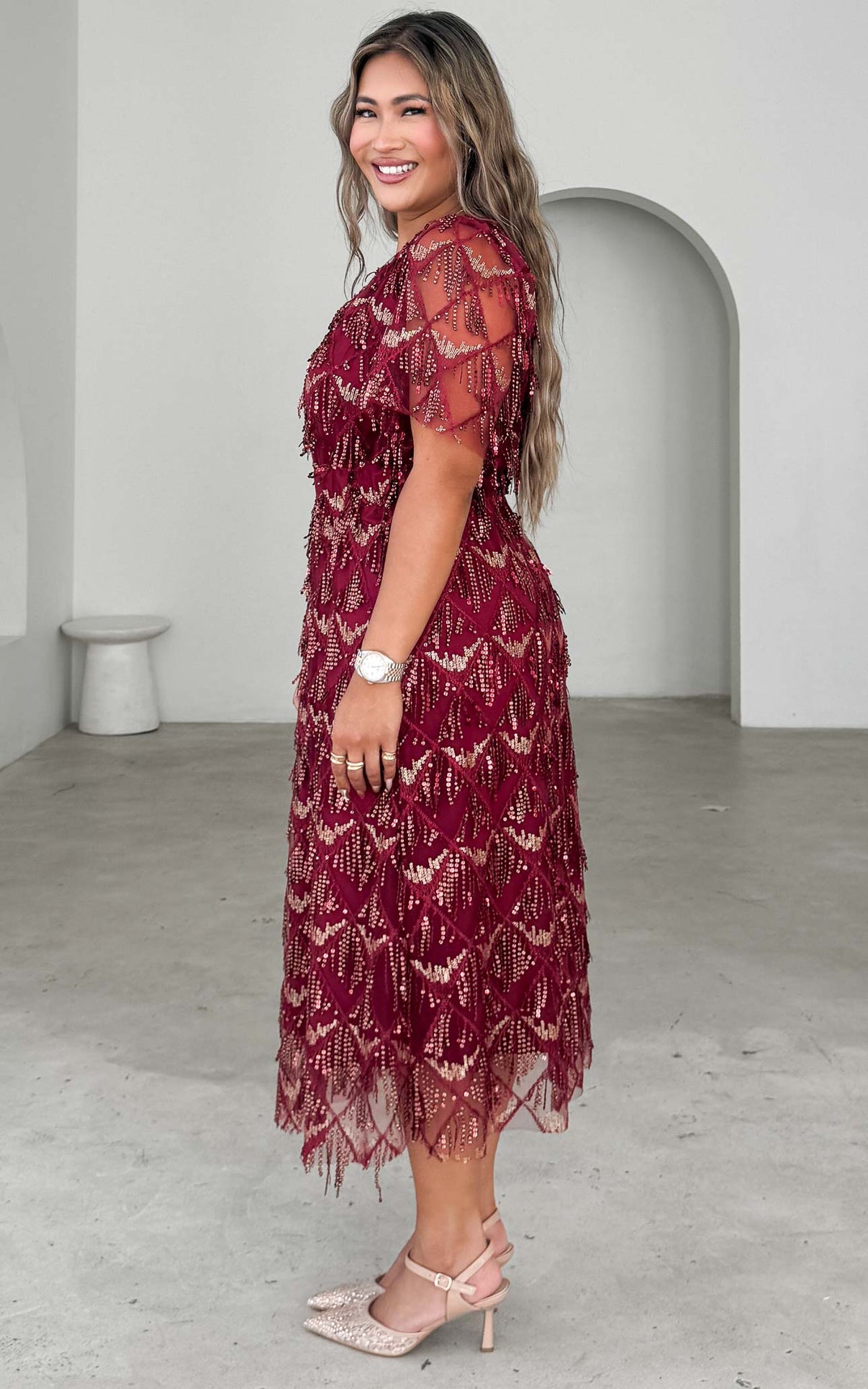 Arilyn Sequin Midi Dress - Wine Gold – By Amica