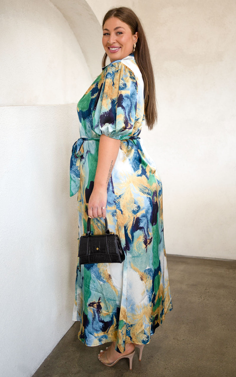 AUGUSTINE COLLARED BUTTON UP SHORT BALLOON SLEEVE MAXI DRESS - BLUE ...