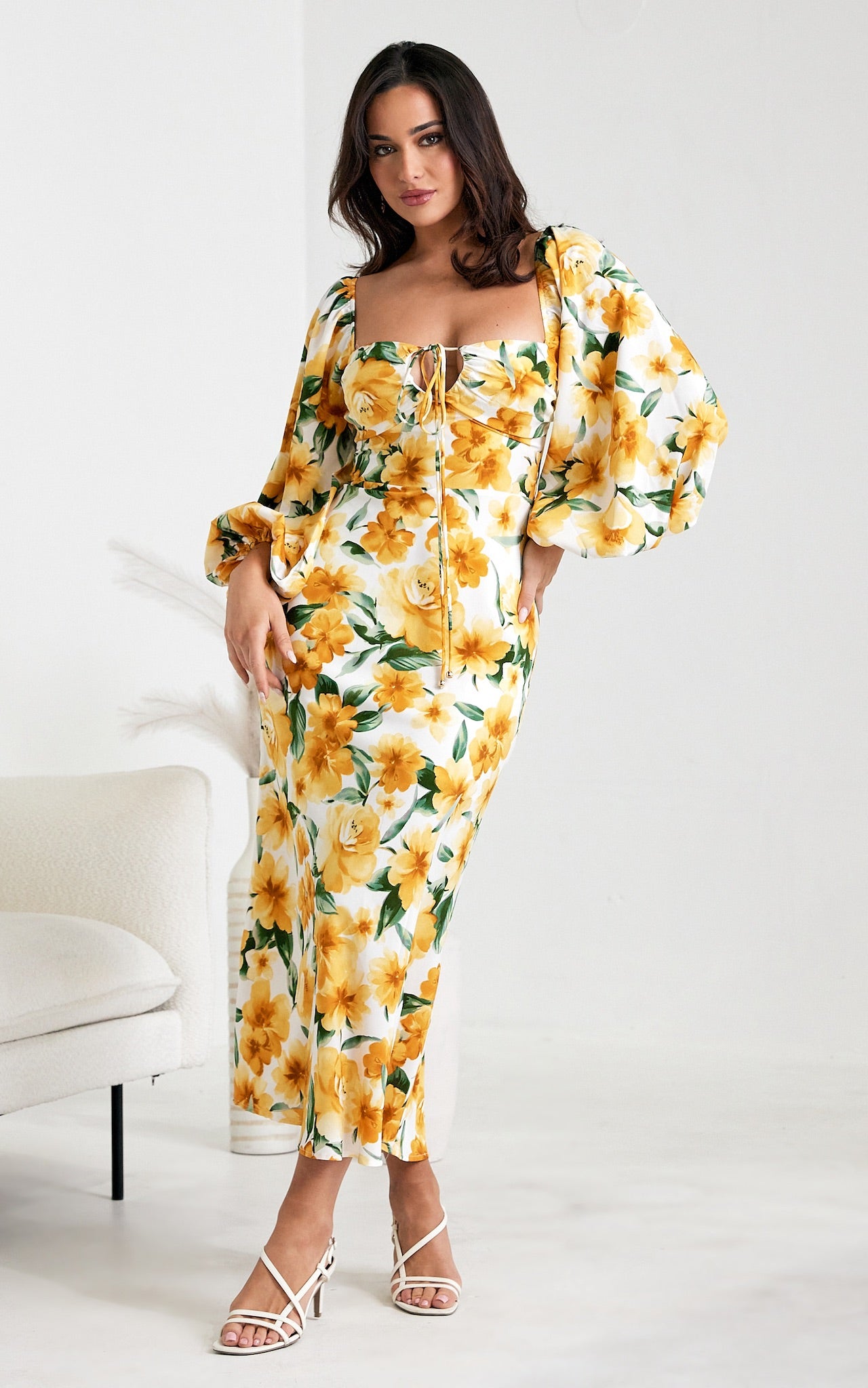 BECCA TIE UP FRONT NECKLINE DETAIL LONG BALLOON SLEEVE MAXI DRESS ...