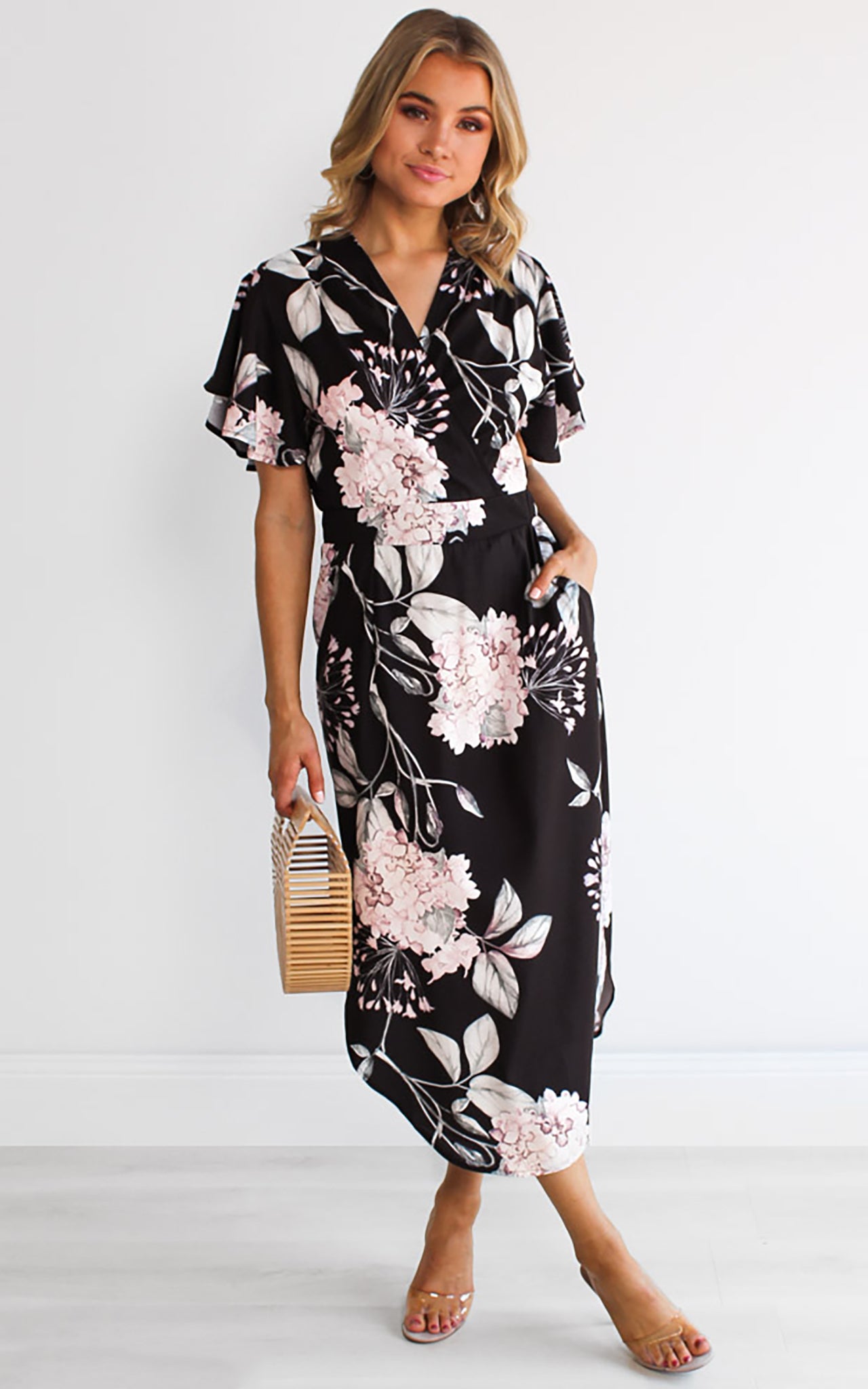 BRANDY V NECK SHORT FLUTTER SLEEVE DIPPED HEM MIDI DRESS - BLACK FLORAL ...