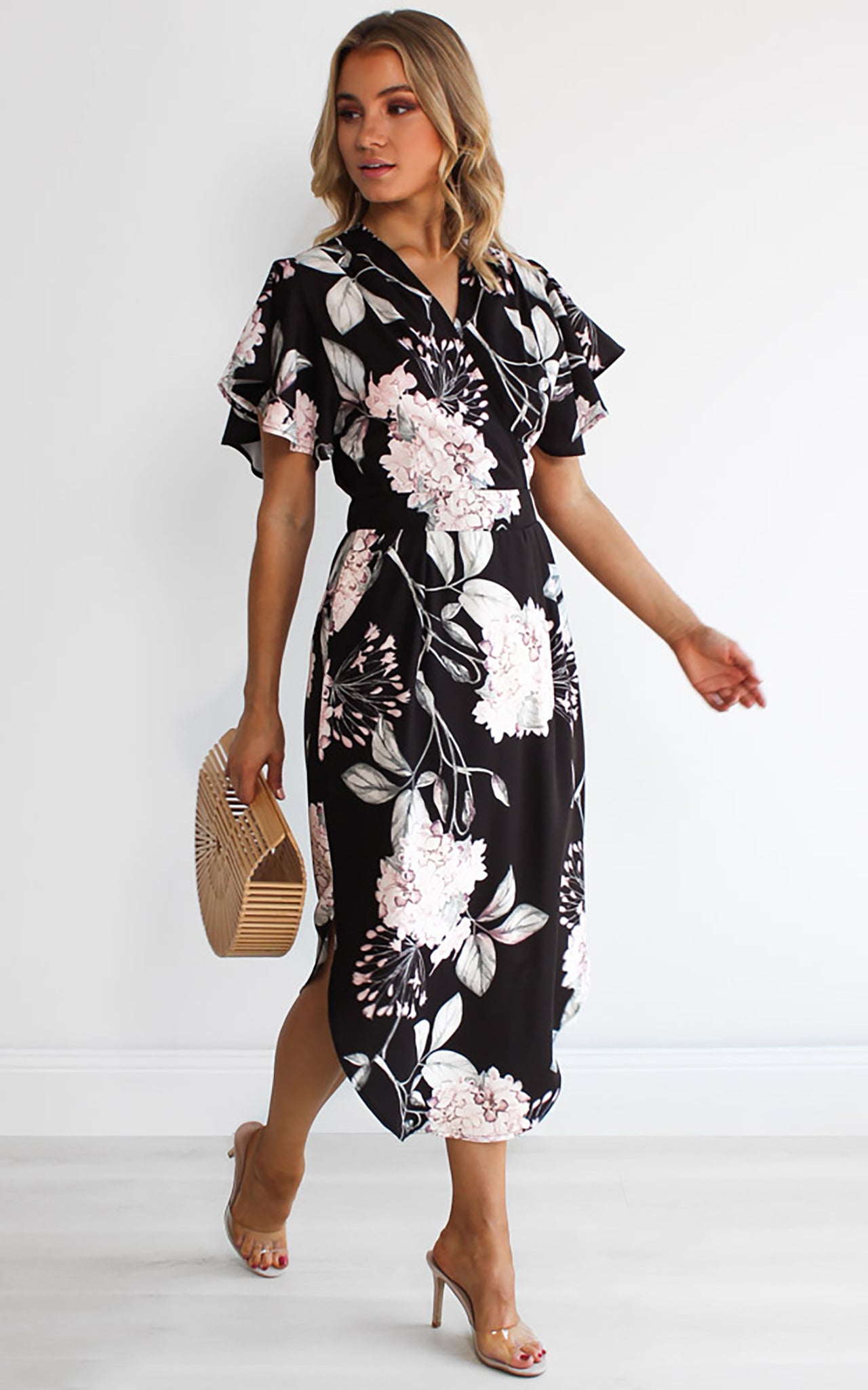BRANDY V NECK SHORT FLUTTER SLEEVE DIPPED HEM MIDI DRESS - BLACK FLORAL ...