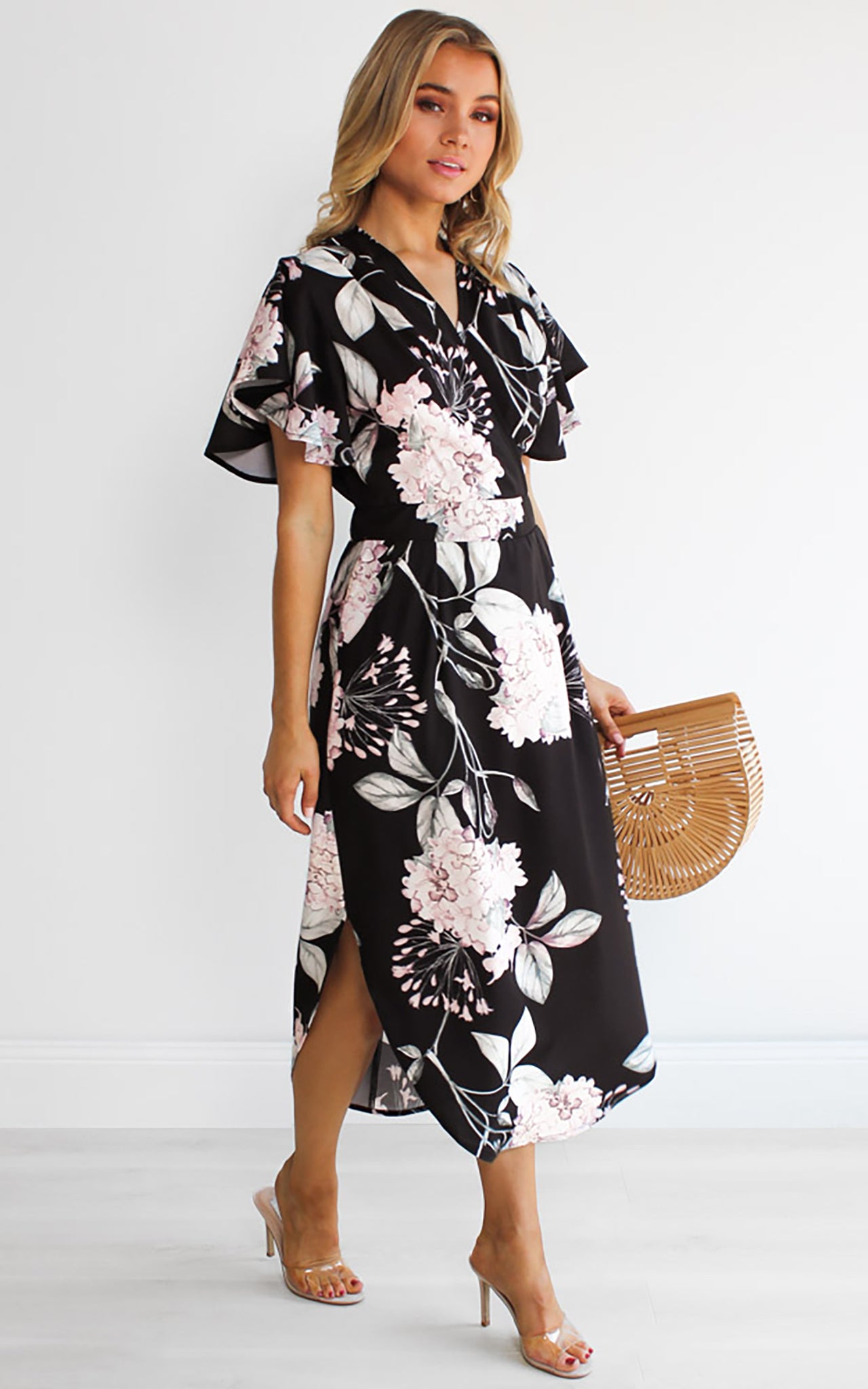 BRANDY V NECK SHORT FLUTTER SLEEVE DIPPED HEM MIDI DRESS - BLACK FLORAL ...
