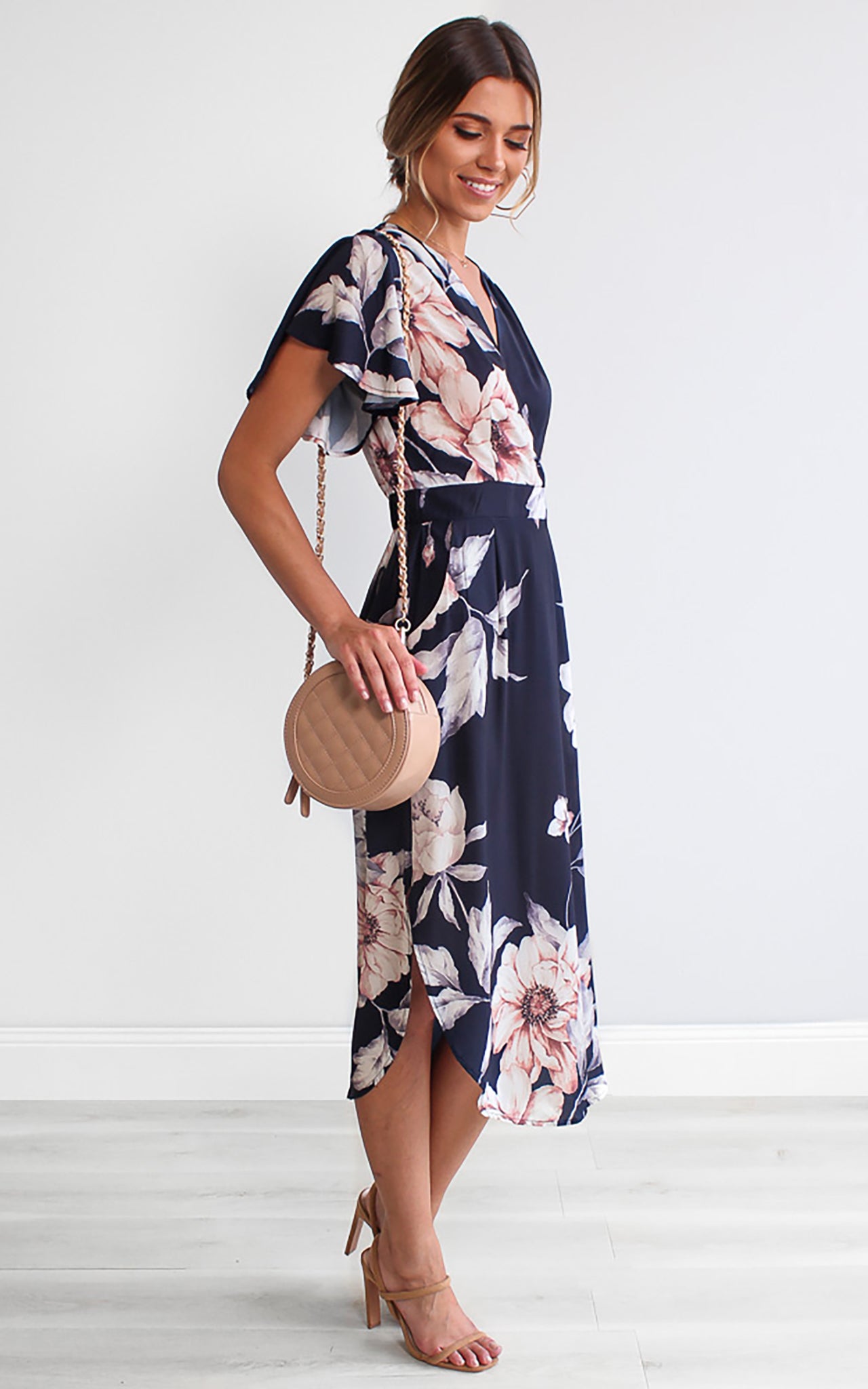 BRANDY V NECK SHORT FLUTTER SLEEVE DIPPED HEM MIDI DRESS - NAVY FLORAL ...
