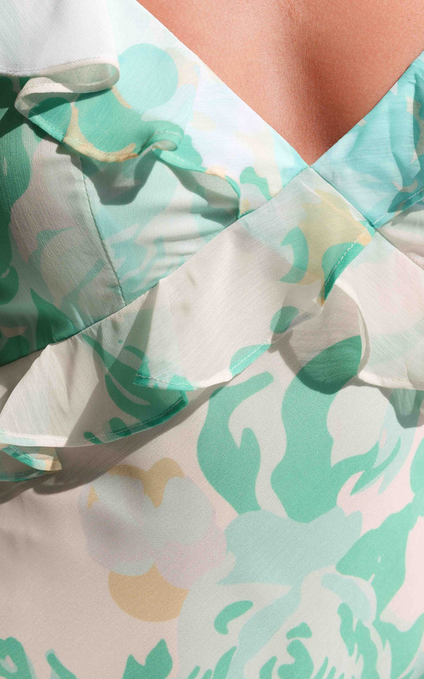 BRIGHTON V NECK CROSS OVER FRILL DETAIL MAXI DRESS - WHITE MINT FLORAL ...