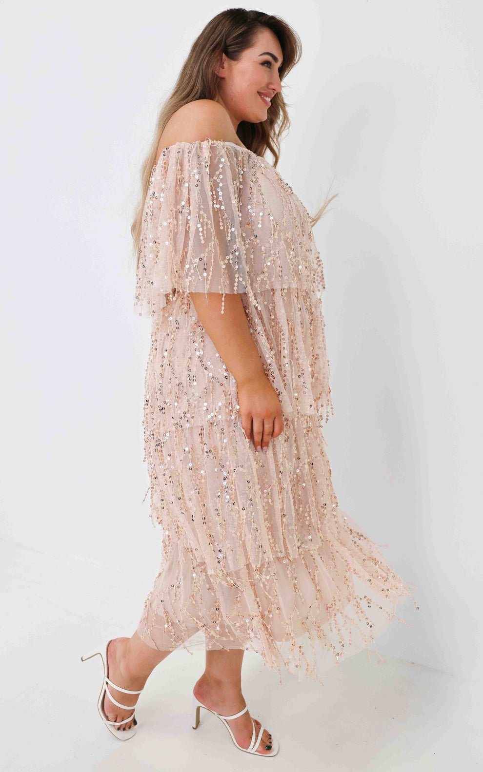 FANTANGO OFF SHOULDER TIERED MAXI DRESS - BEIGE GOLD SEQUIN – By Amica