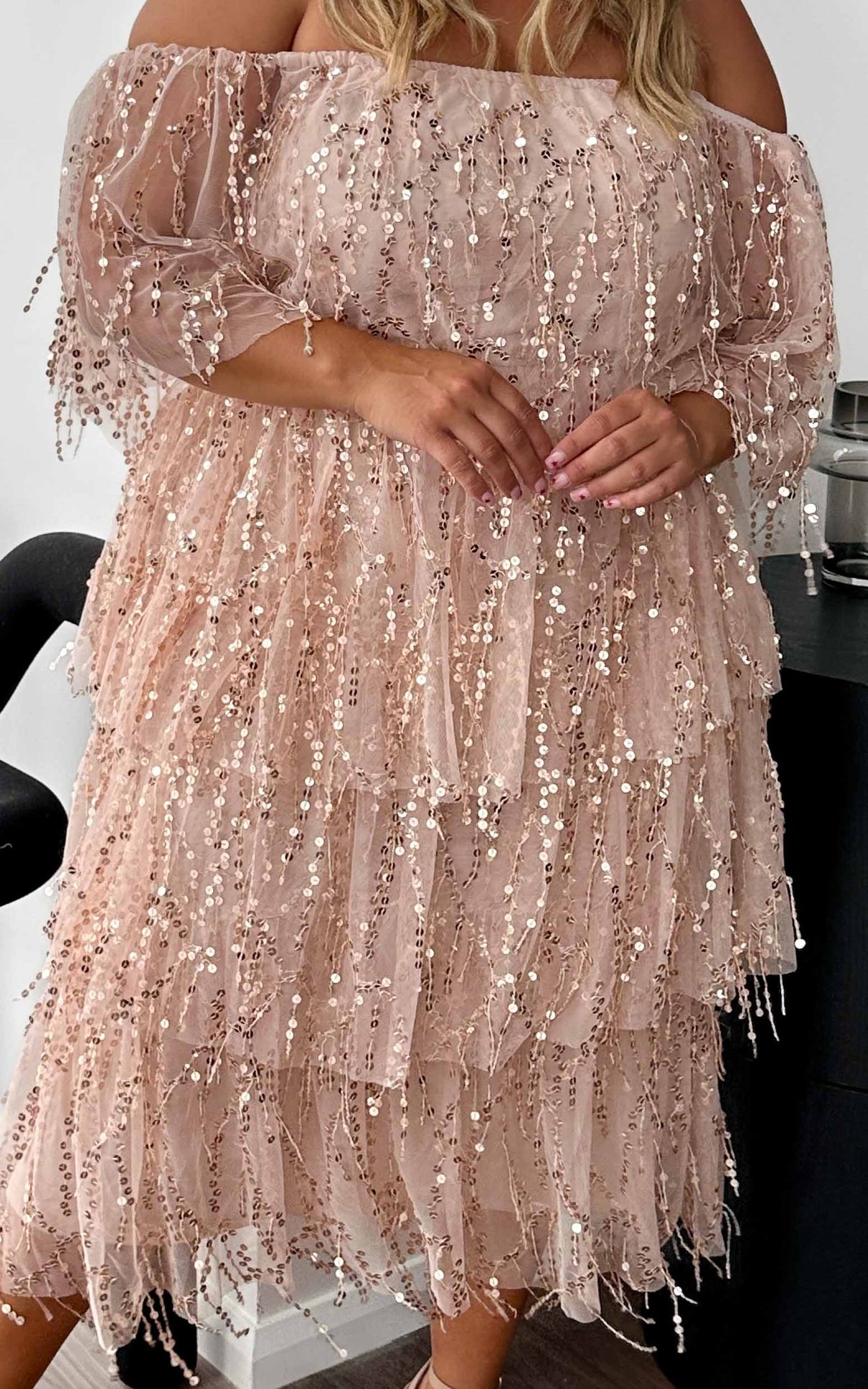 FANTANGO OFF SHOULDER TIERED MAXI DRESS - BEIGE GOLD SEQUIN – By Amica