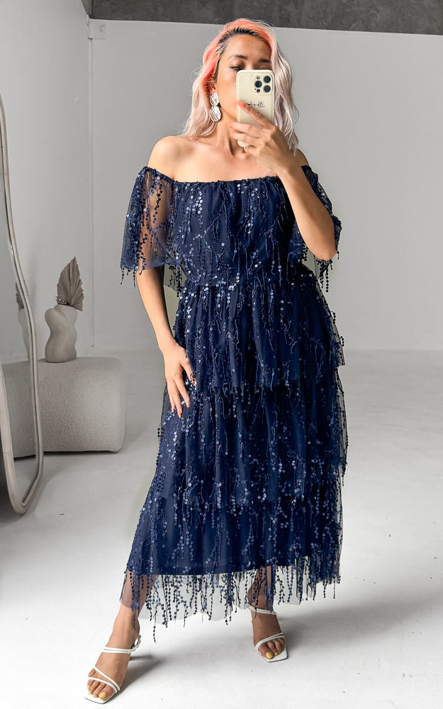 FANTANGO OFF SHOULDER TIERED MAXI DRESS - NAVY SEQUIN – By Amica