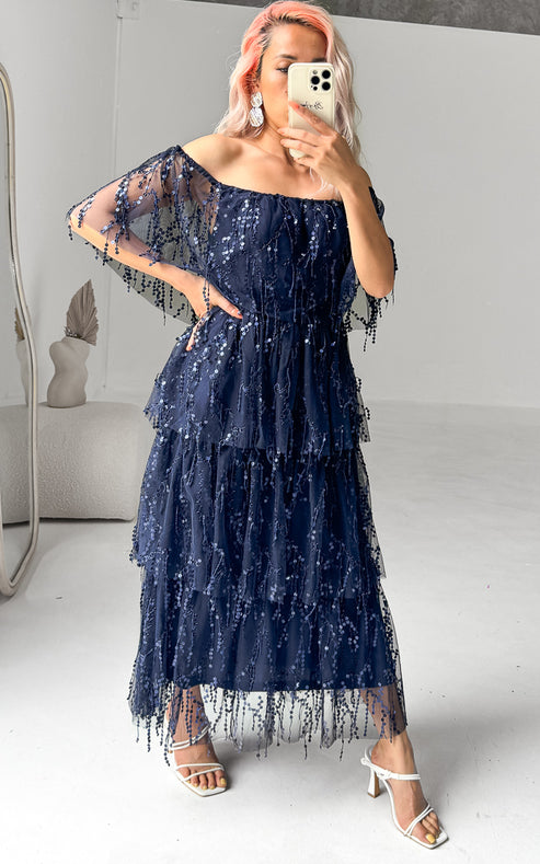 FANTANGO OFF SHOULDER TIERED MAXI DRESS - NAVY SEQUIN – By Amica