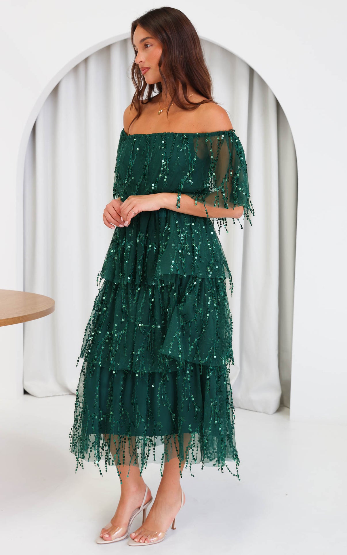 FANTANGO OFF SHOULDER TIERED MAXI DRESS - EMERALD SEQUIN – By Amica