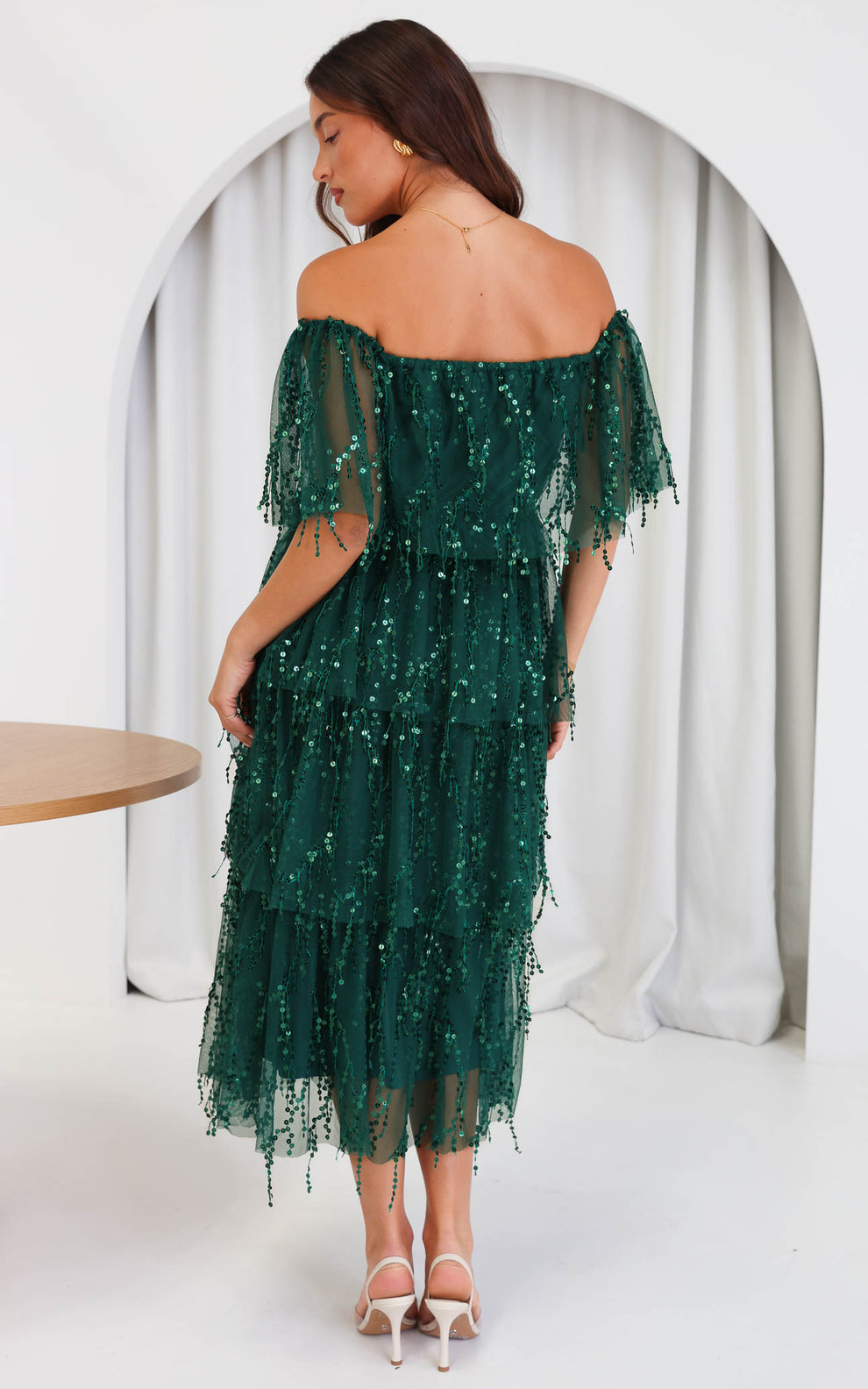FANTANGO OFF SHOULDER TIERED MAXI DRESS - EMERALD SEQUIN – By Amica