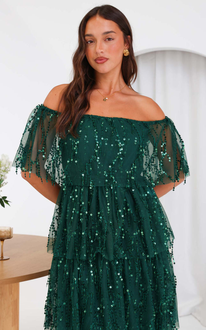 FANTANGO OFF SHOULDER TIERED MAXI DRESS - EMERALD SEQUIN – By Amica
