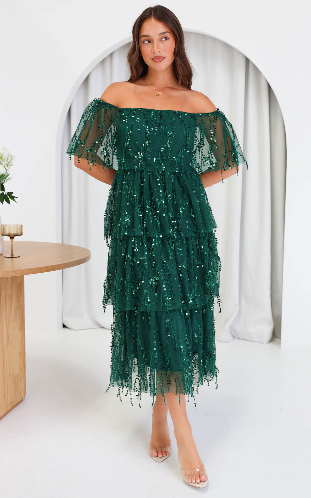 FANTANGO OFF SHOULDER TIERED MAXI DRESS - EMERALD SEQUIN – By Amica