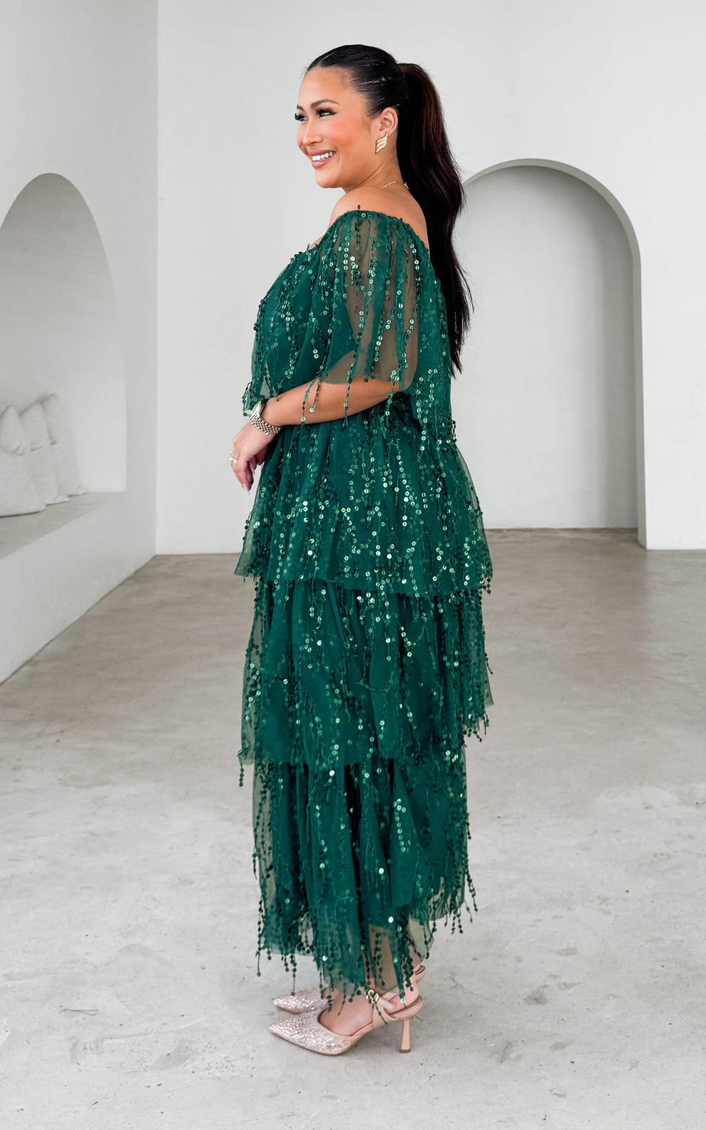 FANTANGO OFF SHOULDER TIERED MAXI DRESS - EMERALD SEQUIN – By Amica