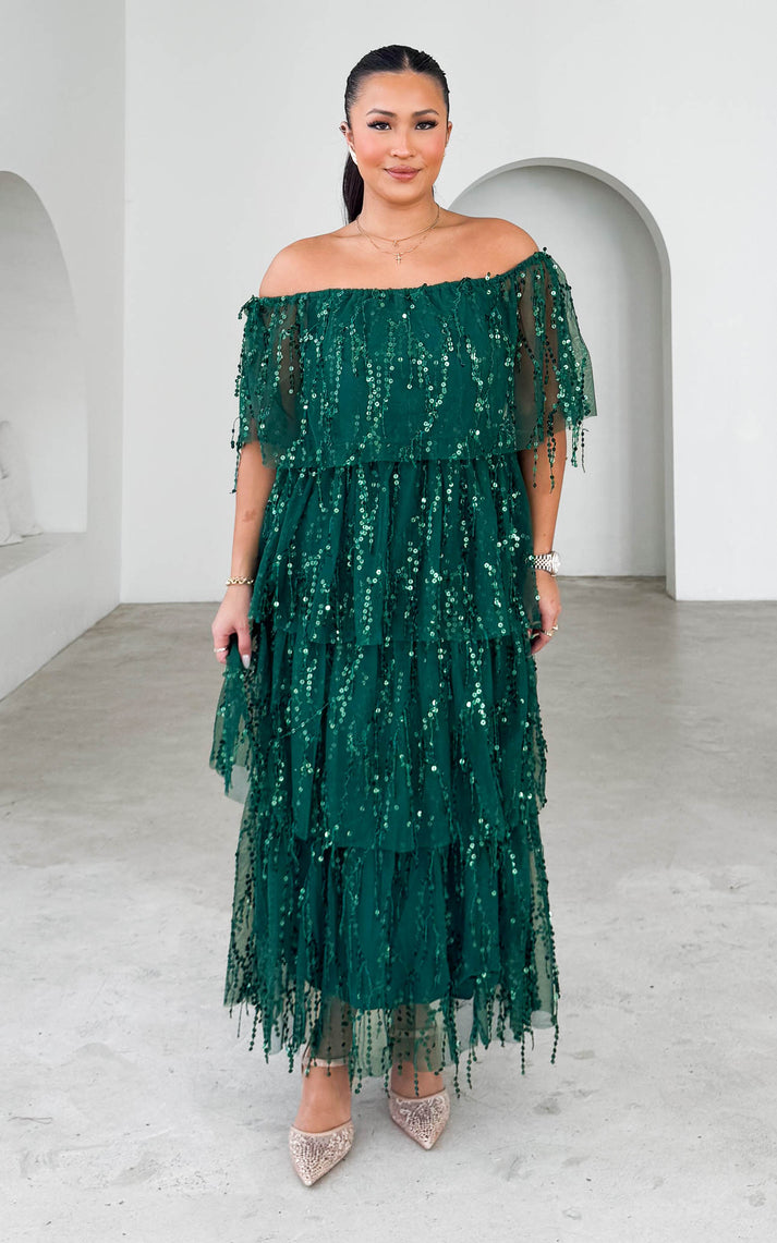 FANTANGO OFF SHOULDER TIERED MAXI DRESS - EMERALD SEQUIN – By Amica