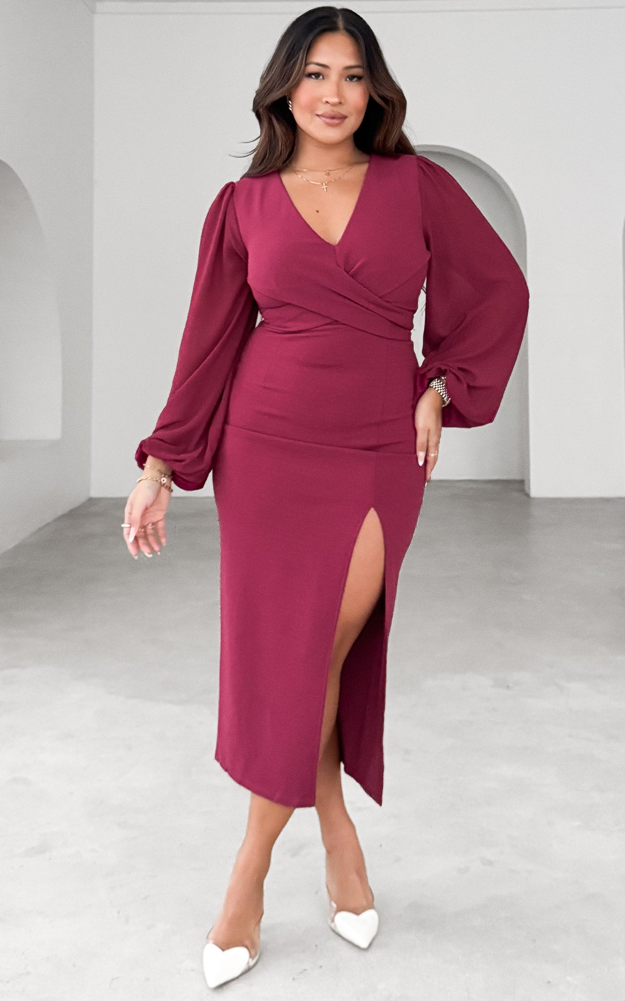 FERGUS V CROSS TIE DETAIL SHEER LONG BALLOON SLEEVE SPLIT MIDI DRESS ...