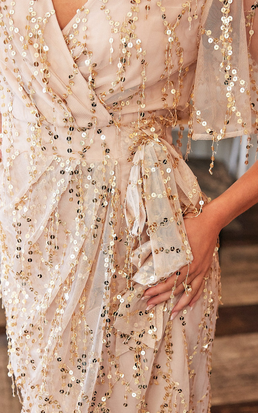 FIREWORKS V NECK SHORT SLEEVE SEQUIN MIDI DRESS - BEIGE GOLD – By Amica