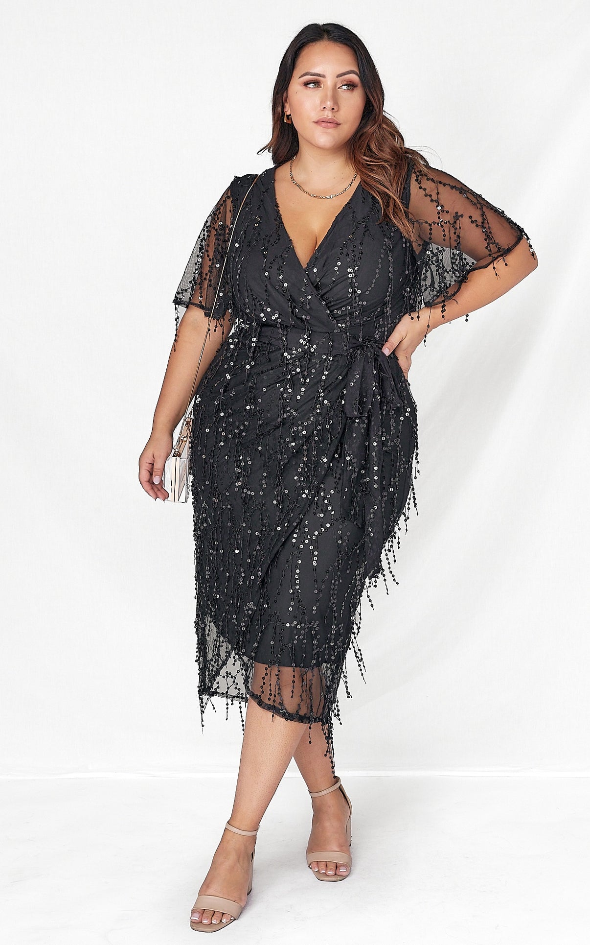 FIREWORKS V NECK SHORT SLEEVE SEQUIN MIDI DRESS - BLACK – By Amica