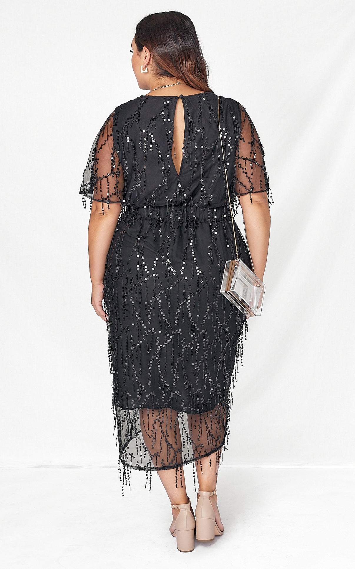 FIREWORKS V NECK SHORT SLEEVE SEQUIN MIDI DRESS - BLACK – By Amica