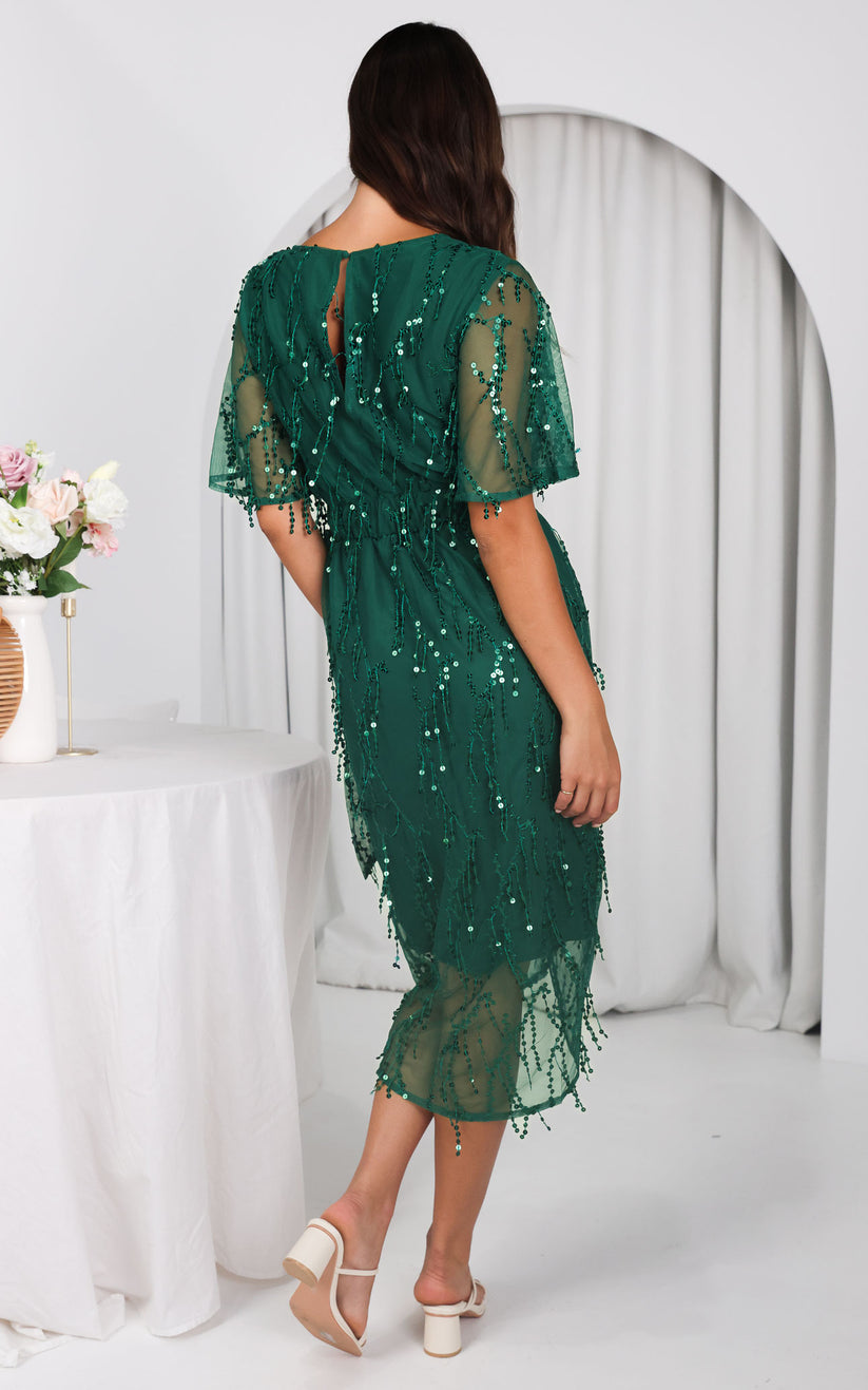 FIREWORKS V NECK SHORT SLEEVE SEQUIN MIDI DRESS - EMERALD – By Amica