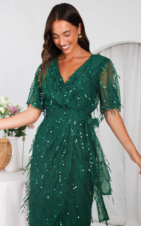 FIREWORKS V NECK SHORT SLEEVE SEQUIN MIDI DRESS - EMERALD – By Amica