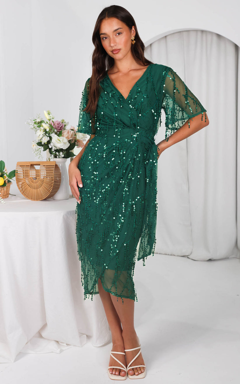 FIREWORKS V NECK SHORT SLEEVE SEQUIN MIDI DRESS - EMERALD – By Amica