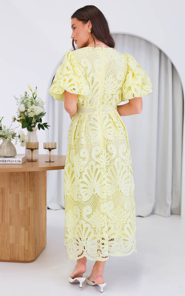 HAZELLE V NECK PUFF SLEEVE LACE MAXI DRESS - LEMON YELLOW – By Amica