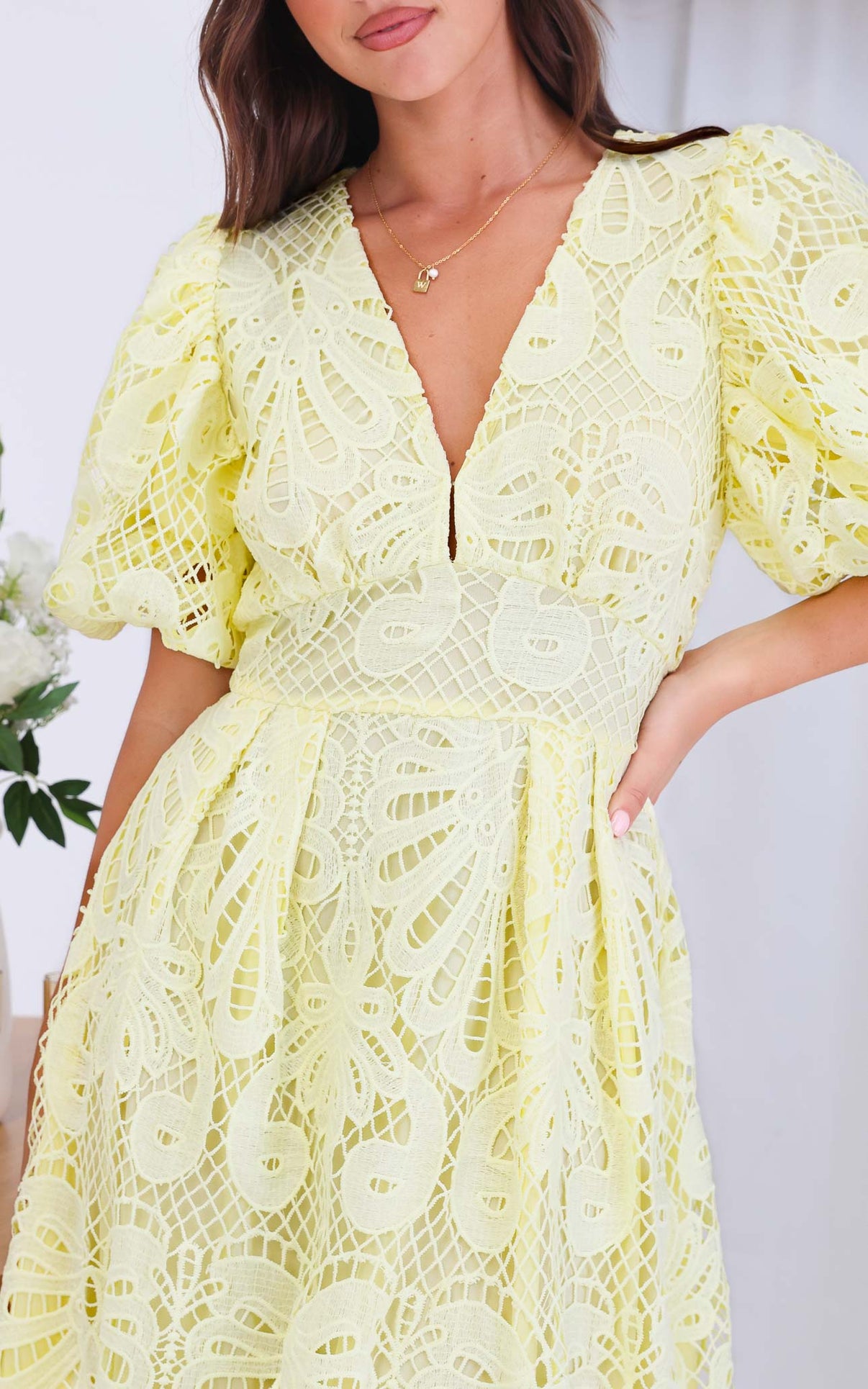 HAZELLE V NECK PUFF SLEEVE LACE MAXI DRESS - LEMON YELLOW – By Amica