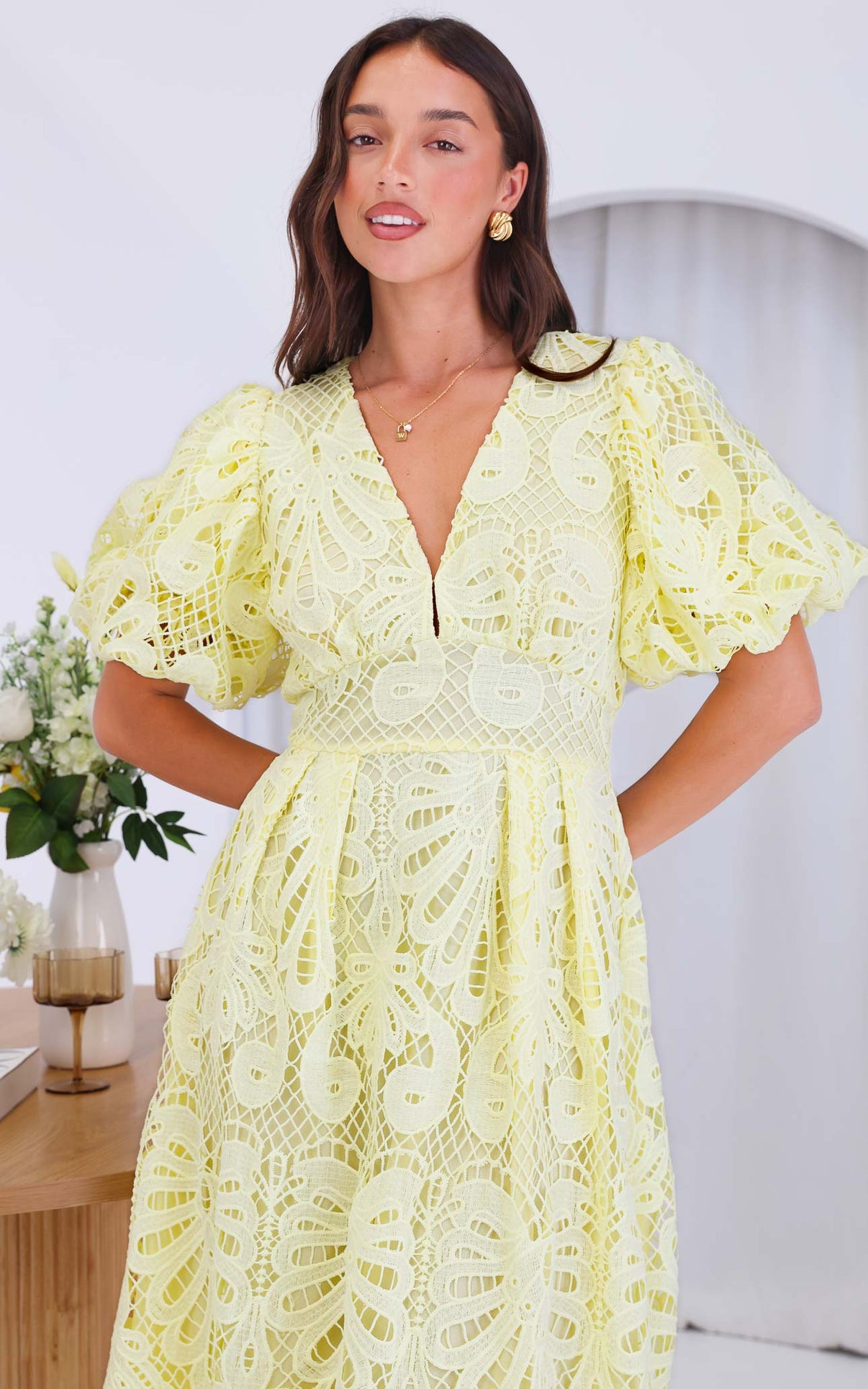 HAZELLE V NECK PUFF SLEEVE LACE MAXI DRESS - LEMON YELLOW – By Amica