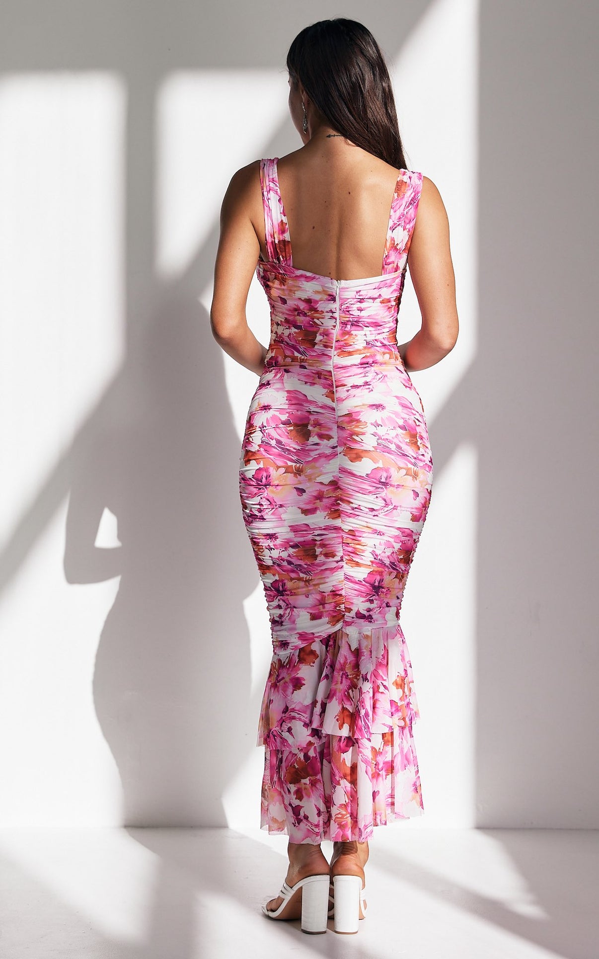 HIGHLAND V NECK FRONT CUT OUT DETAIL TIERED FRILL FISHTAIL MESH BODYCON ...