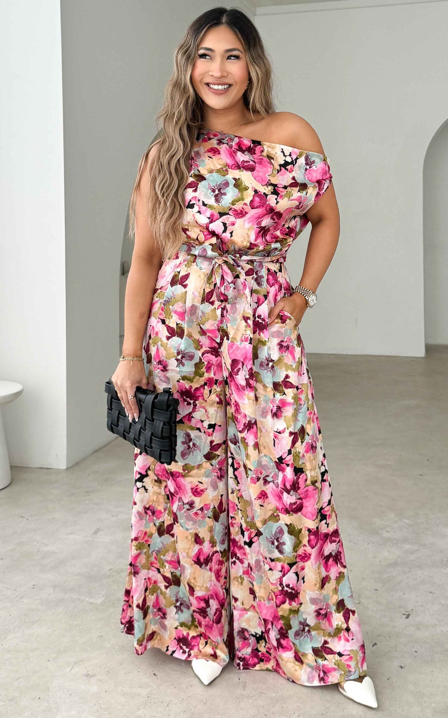 KENDRIX ASYMMETRIC OFF SHOULDER WIDE LEG JUMPSUIT - PINK MULTI FLORAL ...