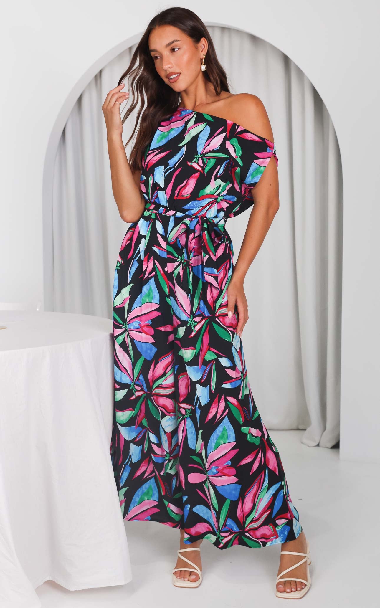 KENDRIX ASYMMETRIC OFF SHOULDER WIDE LEG JUMPSUIT - BLACK MULTI PRINT ...