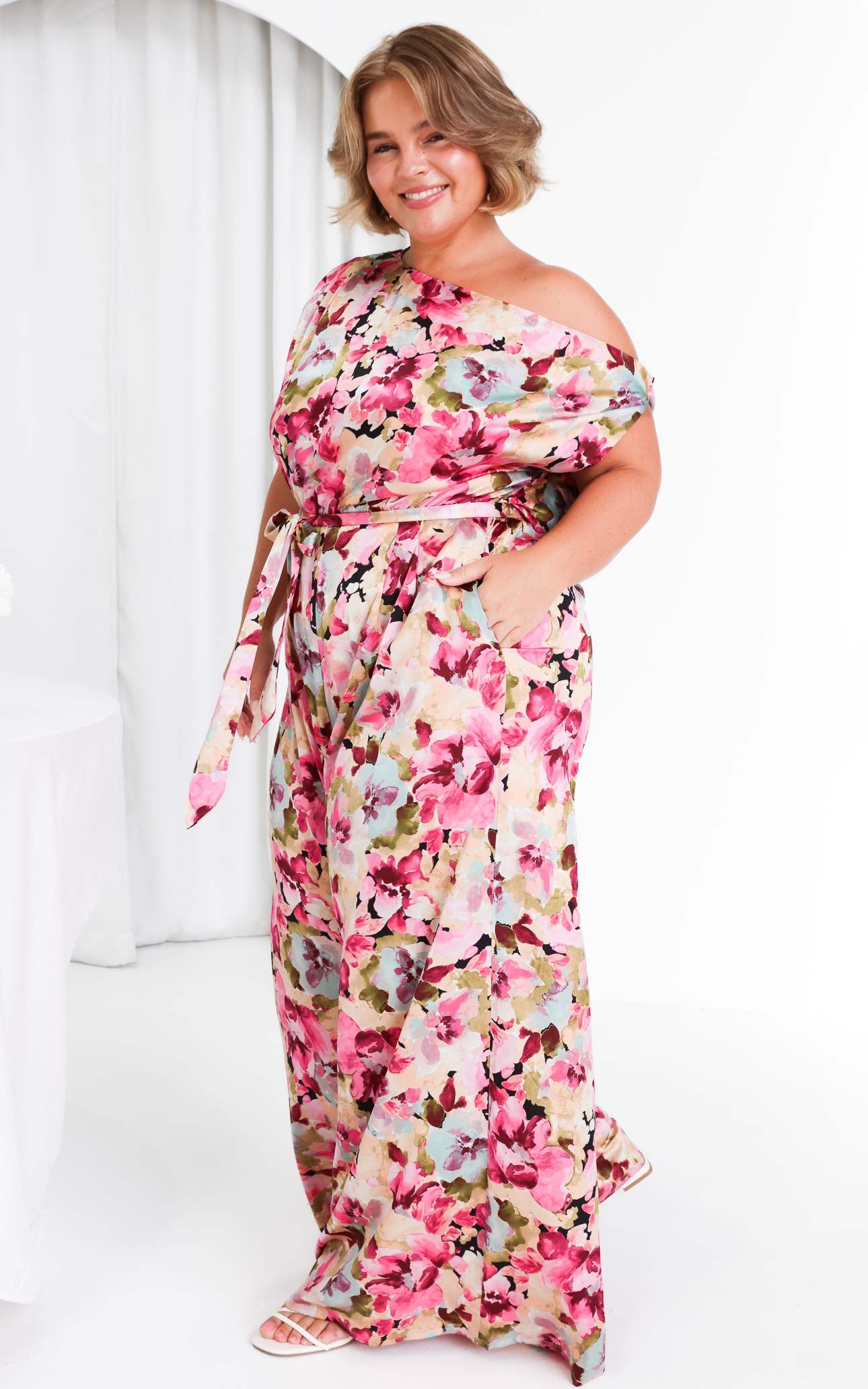 KENDRIX ASYMMETRIC OFF SHOULDER WIDE LEG JUMPSUIT - PINK MULTI FLORAL ...