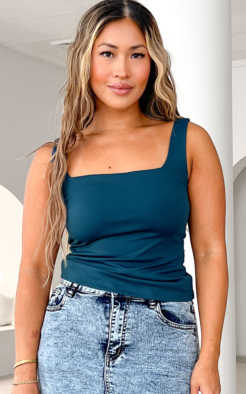 KHLOE SQUARE NECK SLEEVELESS TANK TOP - TEAL BLUE – By Amica