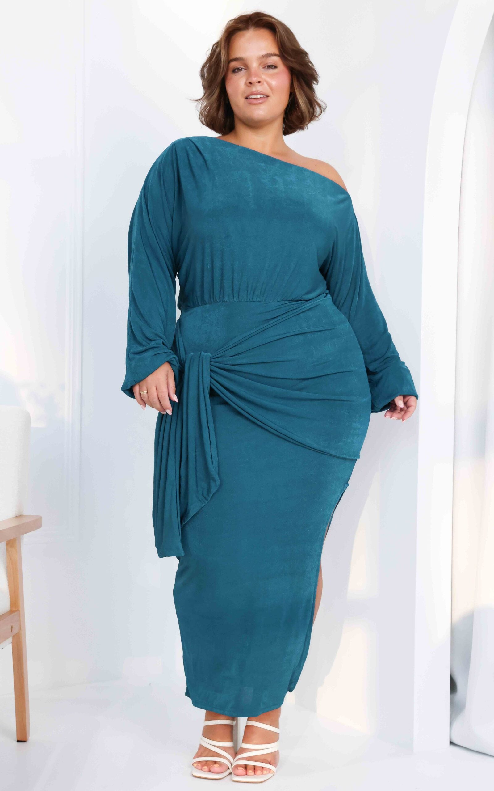 KOBE ASYMMETRIC OFF SHOULDER LONG SLEEVE WRAP TIE SPLIT MIDI DRESS ...