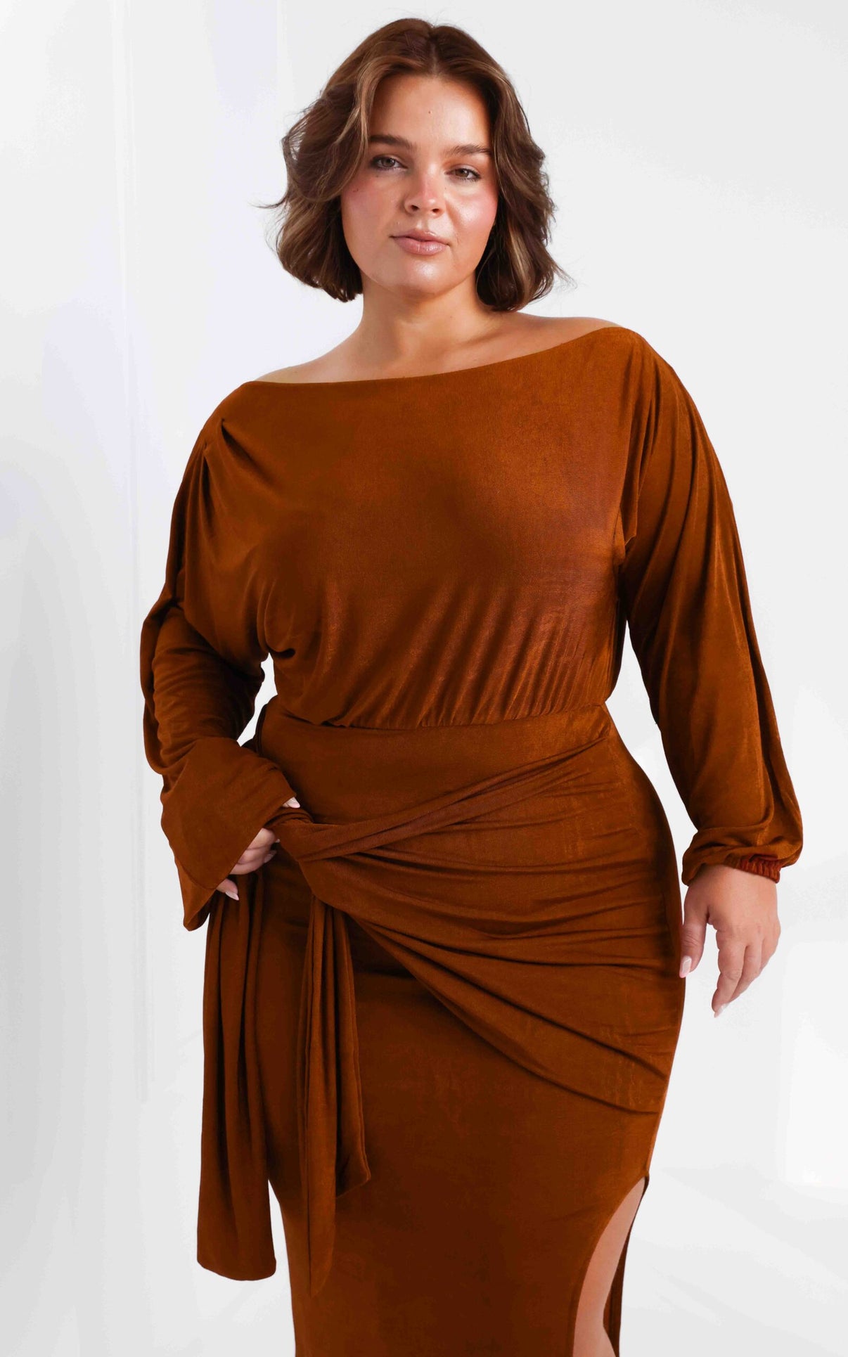 KOBE ASYMMETRIC OFF SHOULDER LONG SLEEVE WRAP TIE SPLIT MIDI DRESS ...