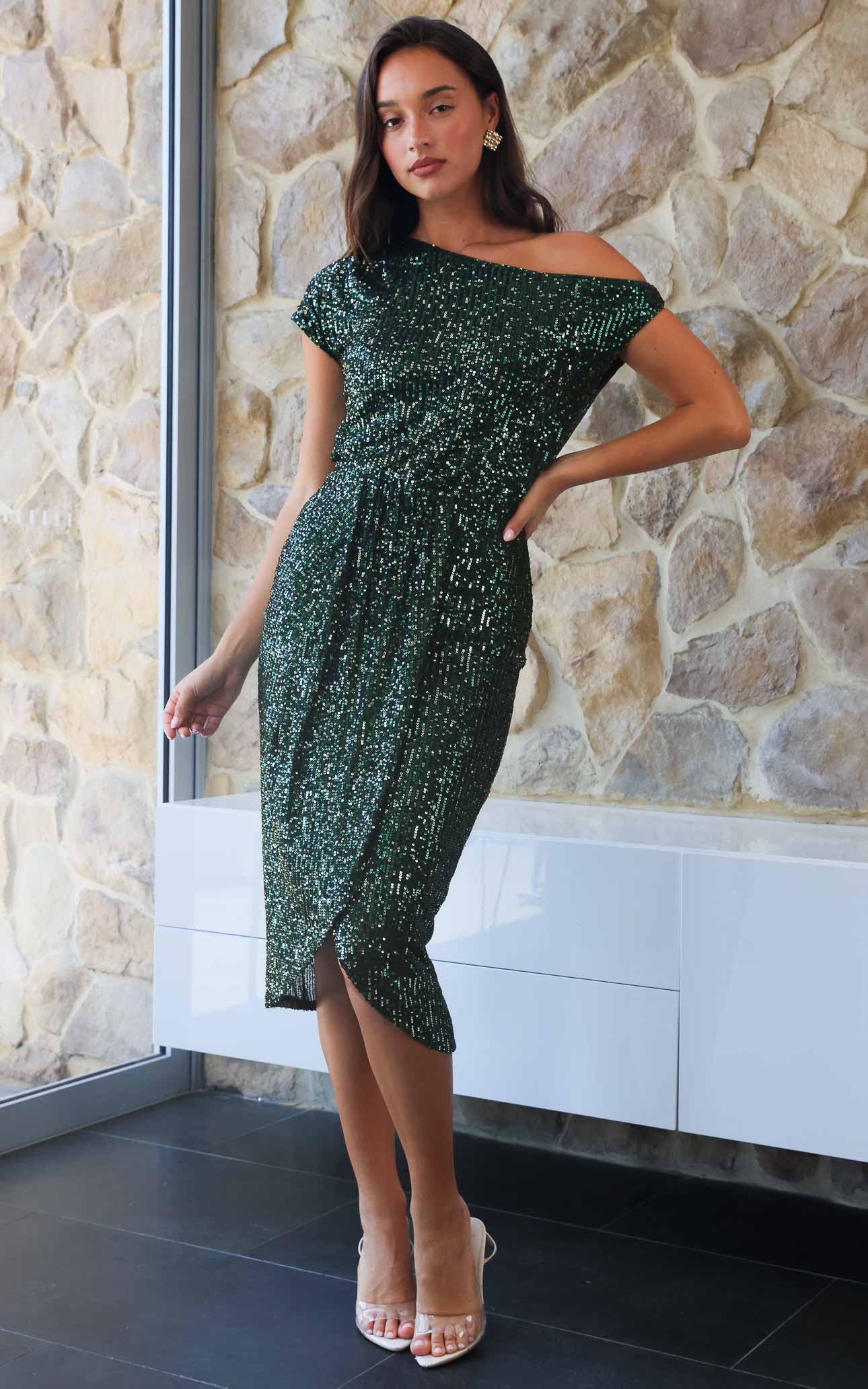 KRISTA ASYMMETRIC OFF SHOULDER TULIP HEM MIDI DRESS - EMERALD SILVER ...