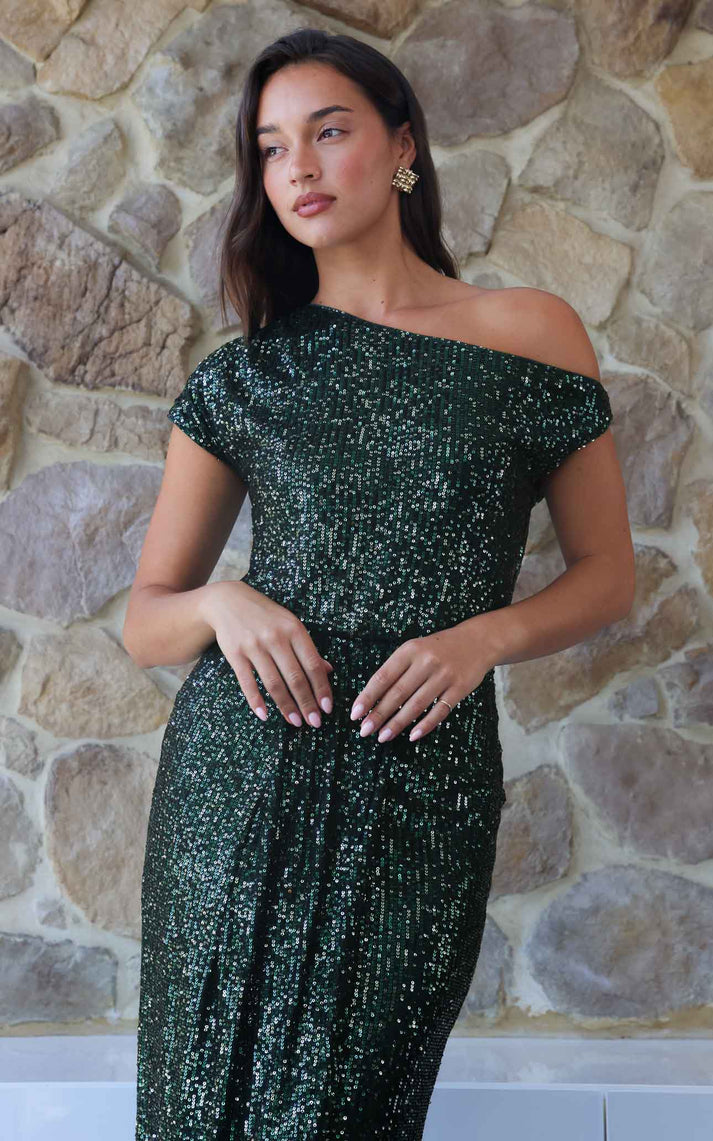 KRISTA ASYMMETRIC OFF SHOULDER TULIP HEM MIDI DRESS - EMERALD SILVER ...