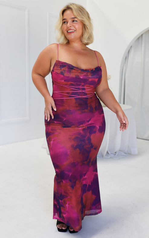 LIZZIE COWL NECK LACE UP WAIST TIE DETAIL MESH BODYCON MAXI DRESS ...