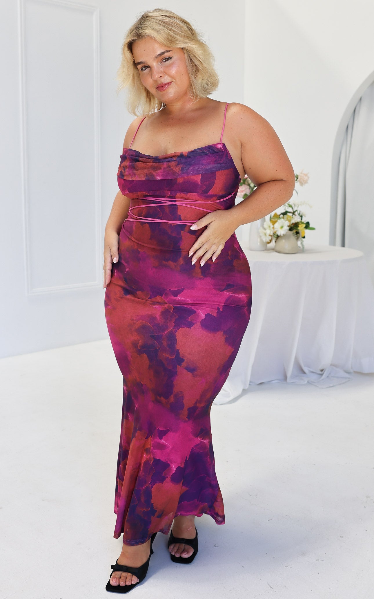 LIZZIE COWL NECK LACE UP WAIST TIE DETAIL MESH BODYCON MAXI DRESS ...