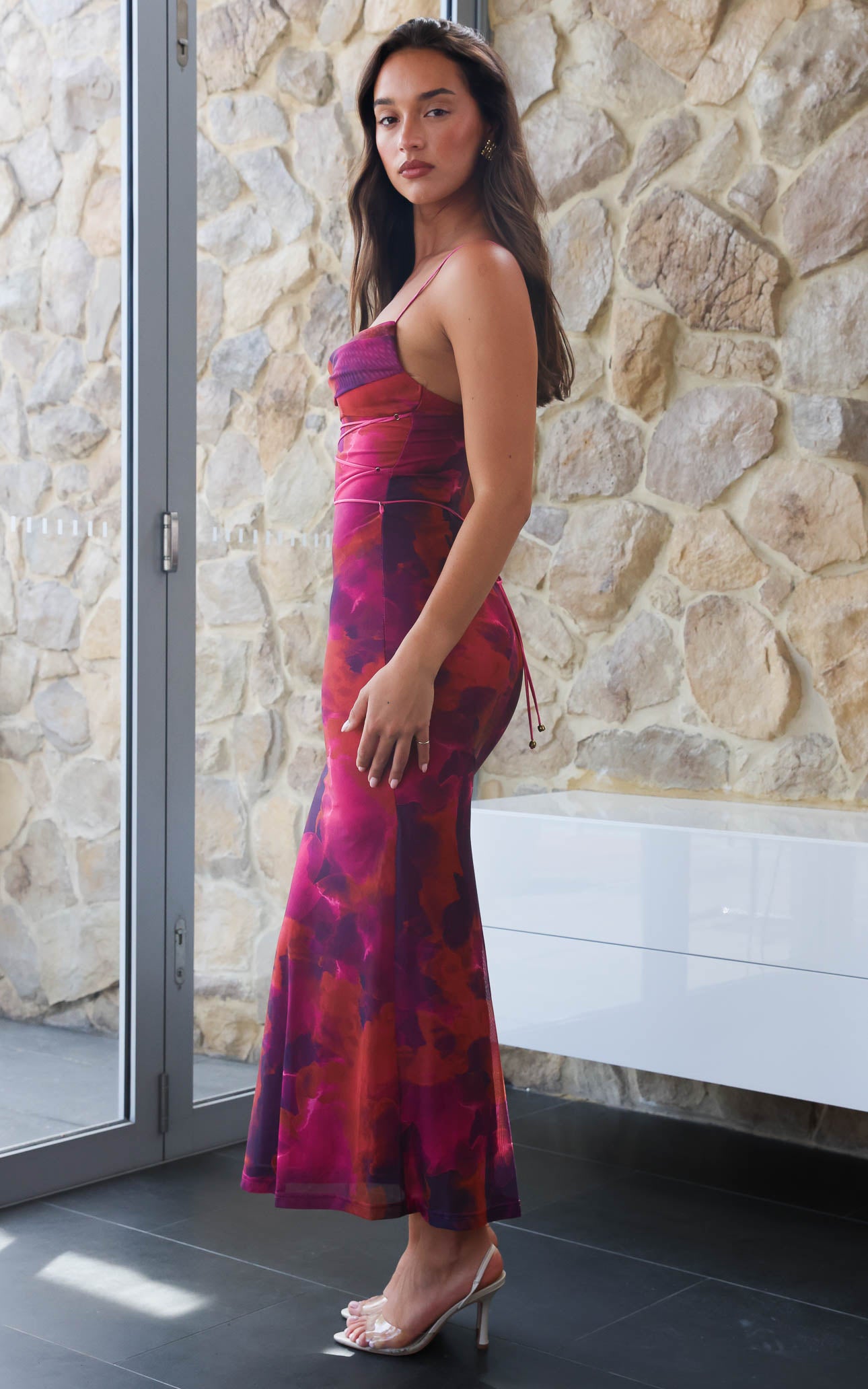 LIZZIE COWL NECK LACE UP WAIST TIE DETAIL MESH BODYCON MAXI DRESS ...