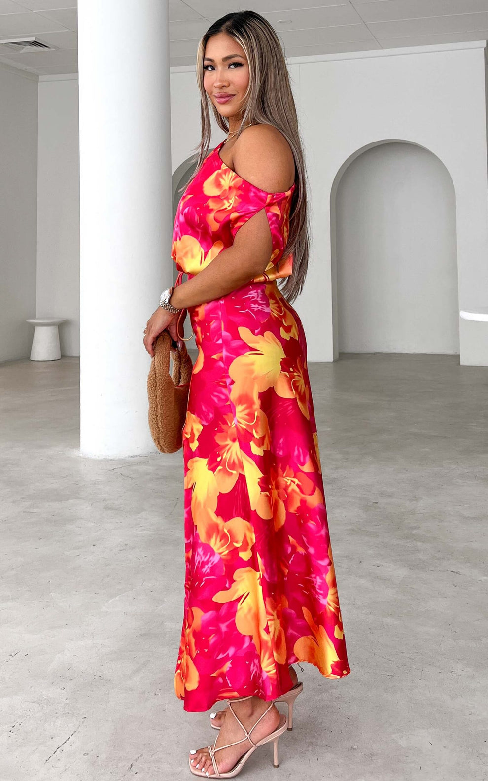 MARTISHA ASYMMETRIC OFF SHOULDER SPLIT MAXI DRESS - HOT PINK YELLOW ...