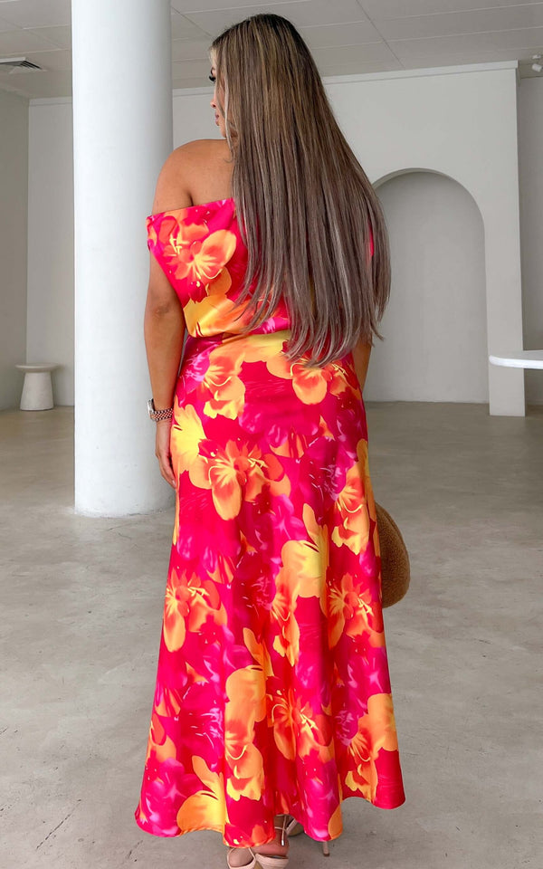MARTISHA ASYMMETRIC OFF SHOULDER SPLIT MAXI DRESS - HOT PINK YELLOW ...