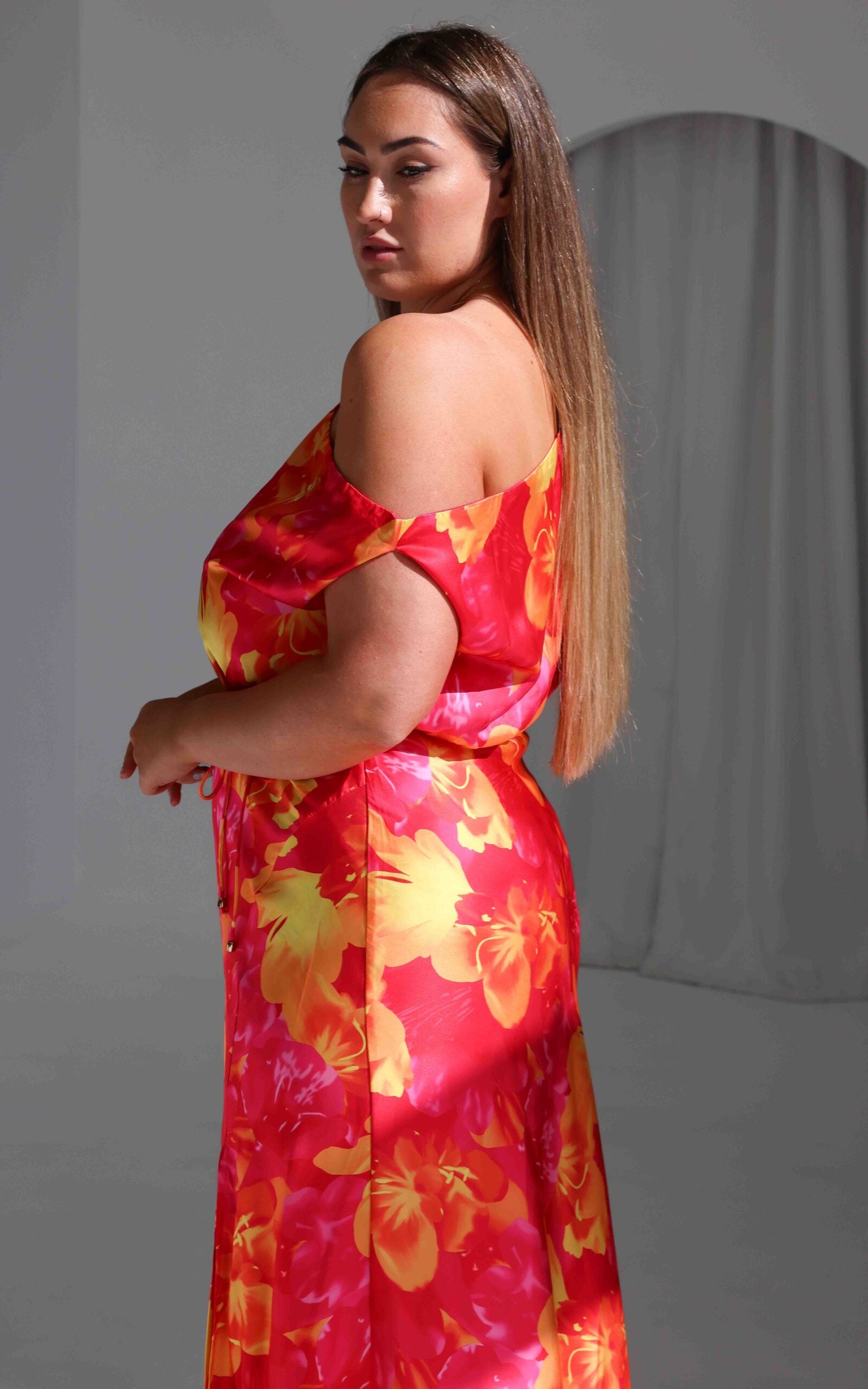 MARTISHA ASYMMETRIC OFF SHOULDER SPLIT MAXI DRESS - HOT PINK YELLOW ...