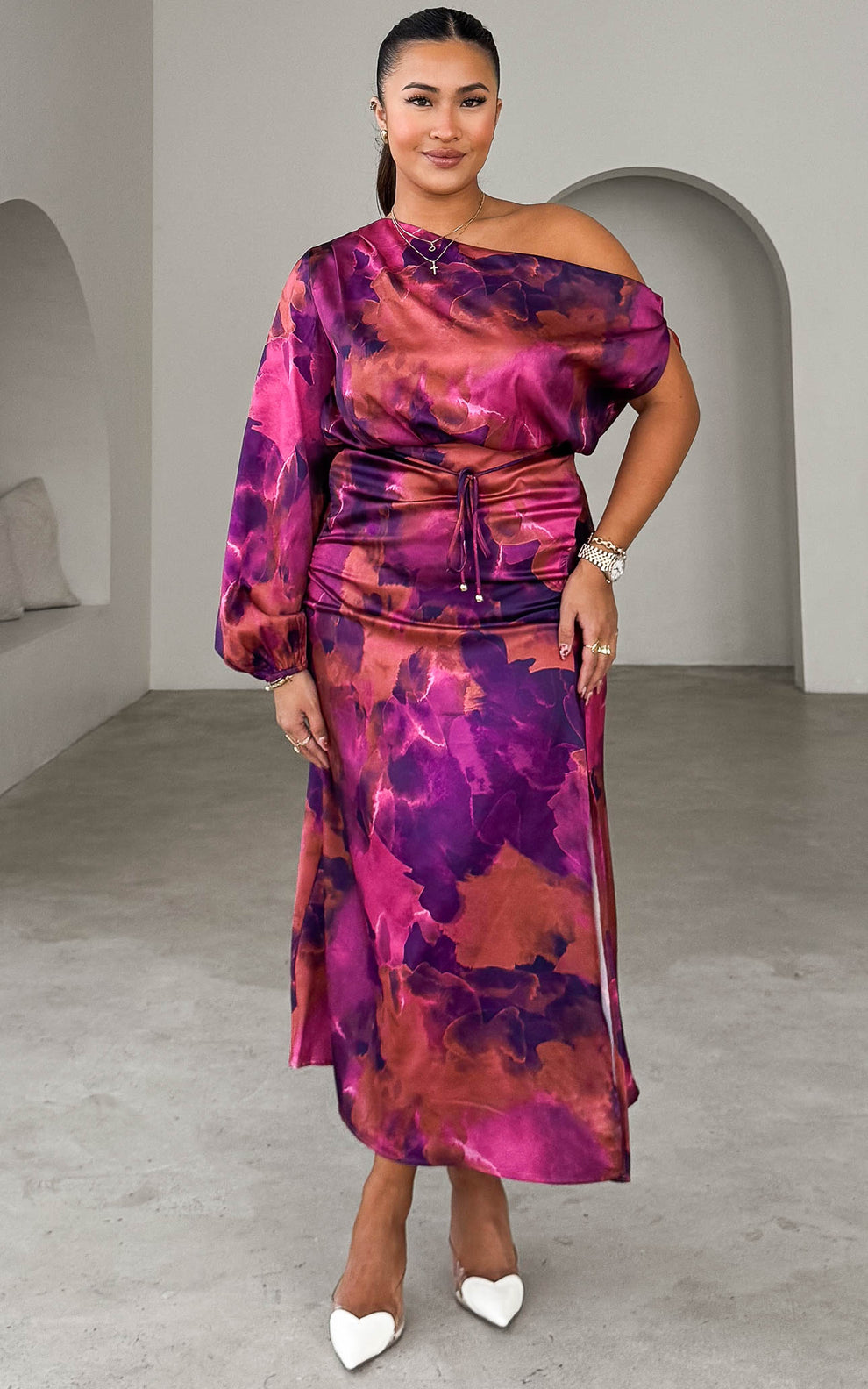 MARTISHA ASYMMETRIC OFF SHOULDER LONG BALLOON SLEEVE SPLIT MAXI DRESS ...