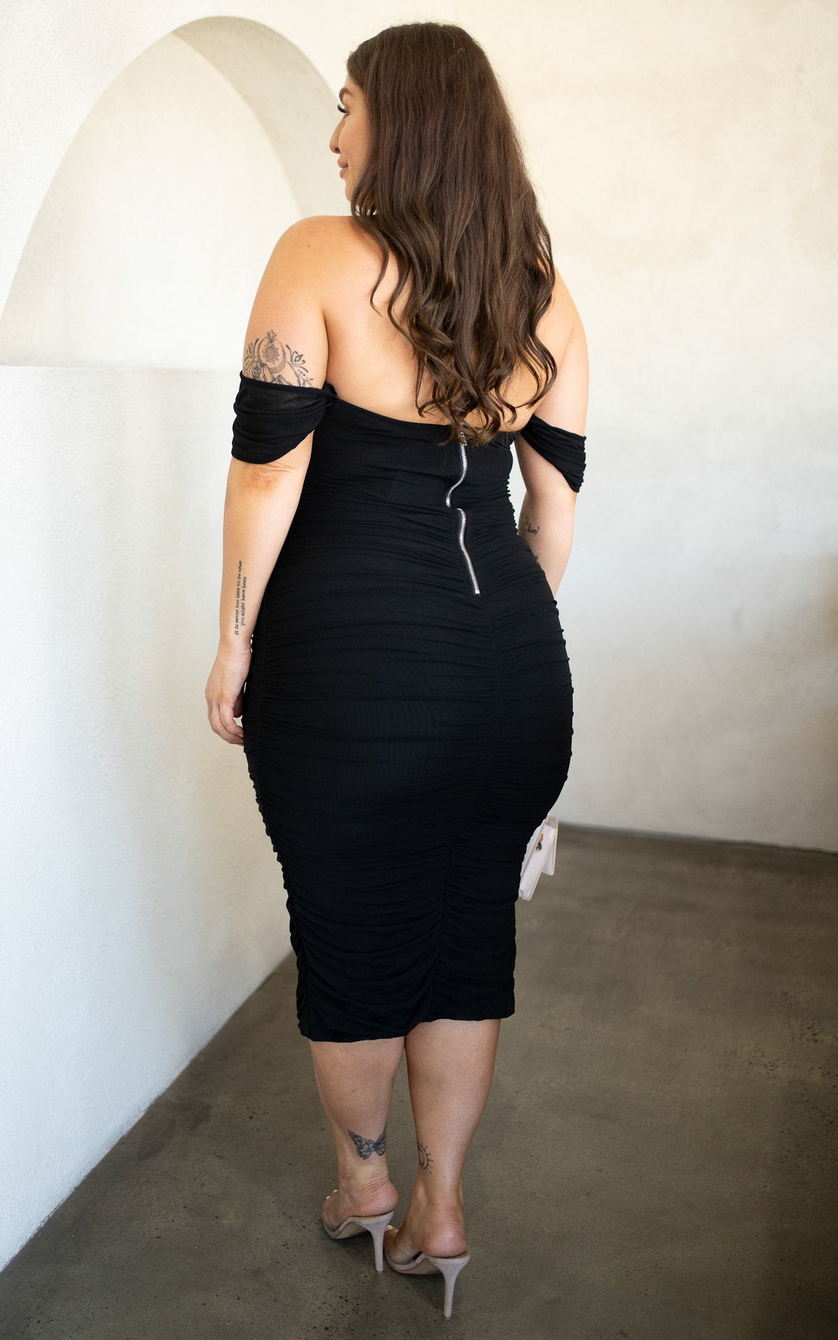 PANDORA OFF SHOULDER OVERLAY DETAIL RUCHED MESH BODYCON MIDI DRESS ...