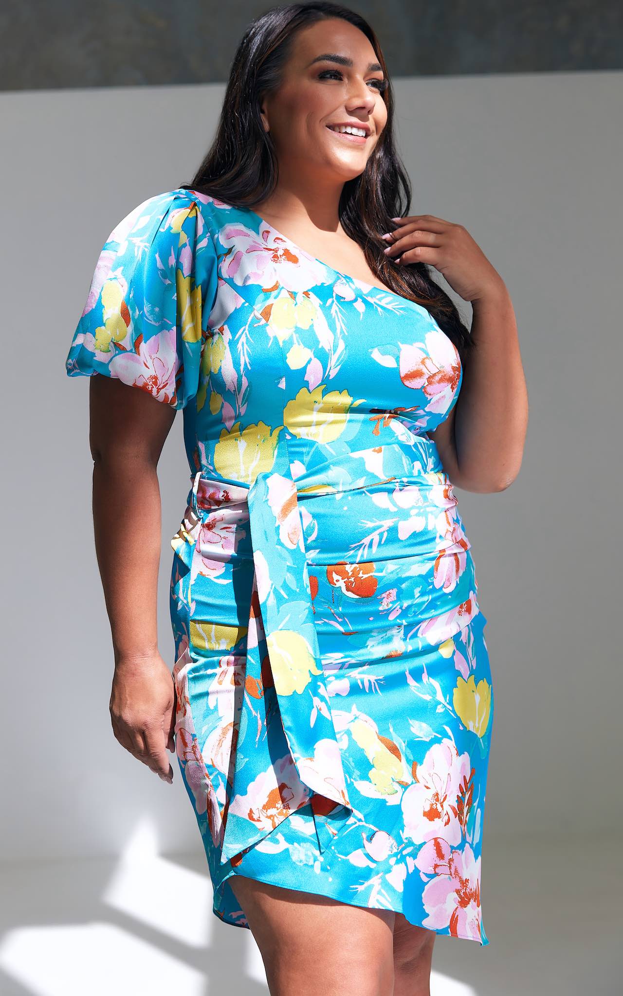 PASCAL ONE SHOULDER PUFF SLEEVE RUCHED PLEAT ASYMMETRIC SATIN DRESS ...