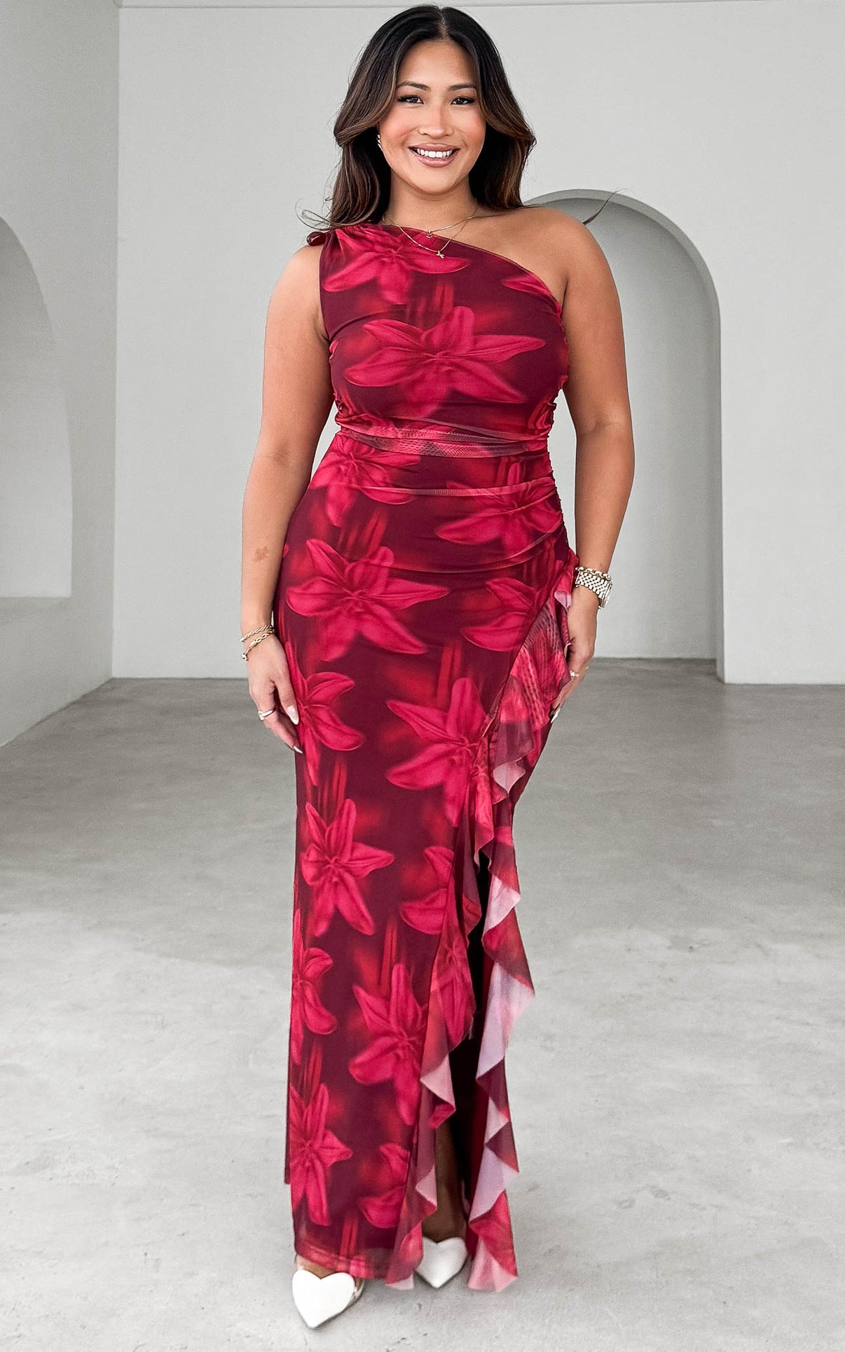 Relius Mesh Maxi Dress - Red Wine Floral – By Amica