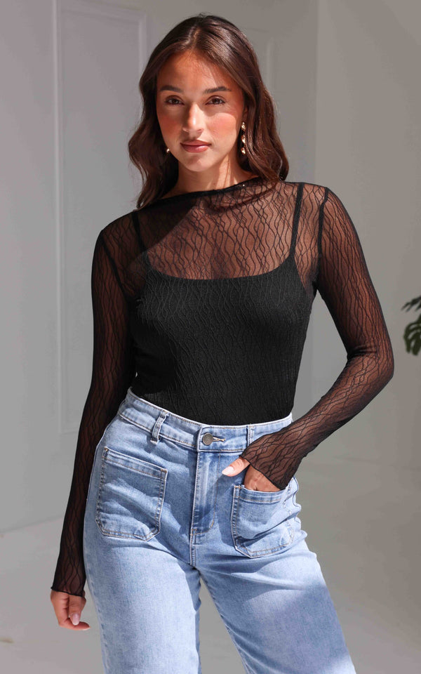 THURMAN HIGH NECK LONG SLEEVE SHEER MESH TOP - BLACK TEXTURE – By Amica